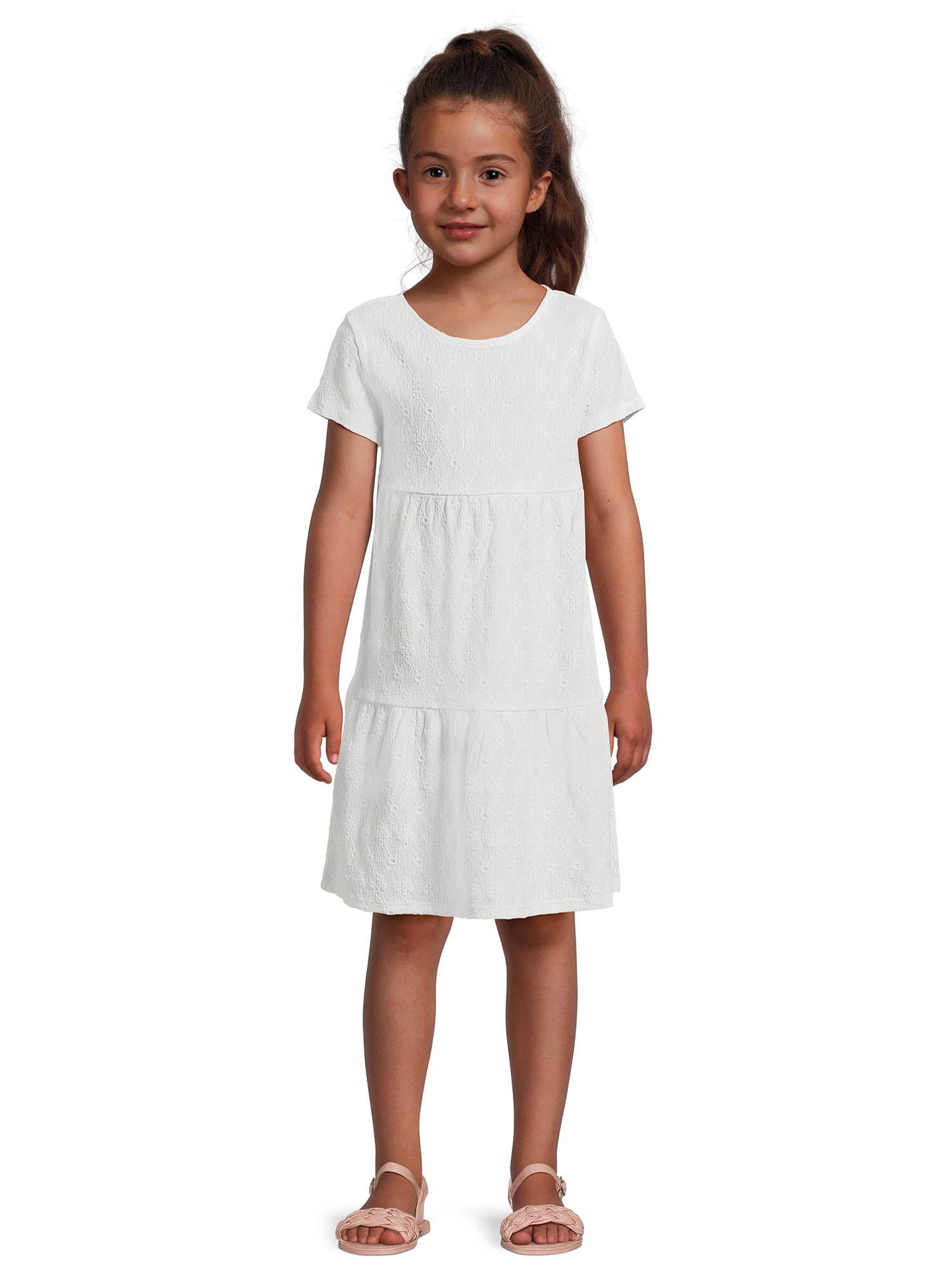 Wonder Nation Girls Tiered Eyelet Dress with Short Sleeves, Size 4-18 ...