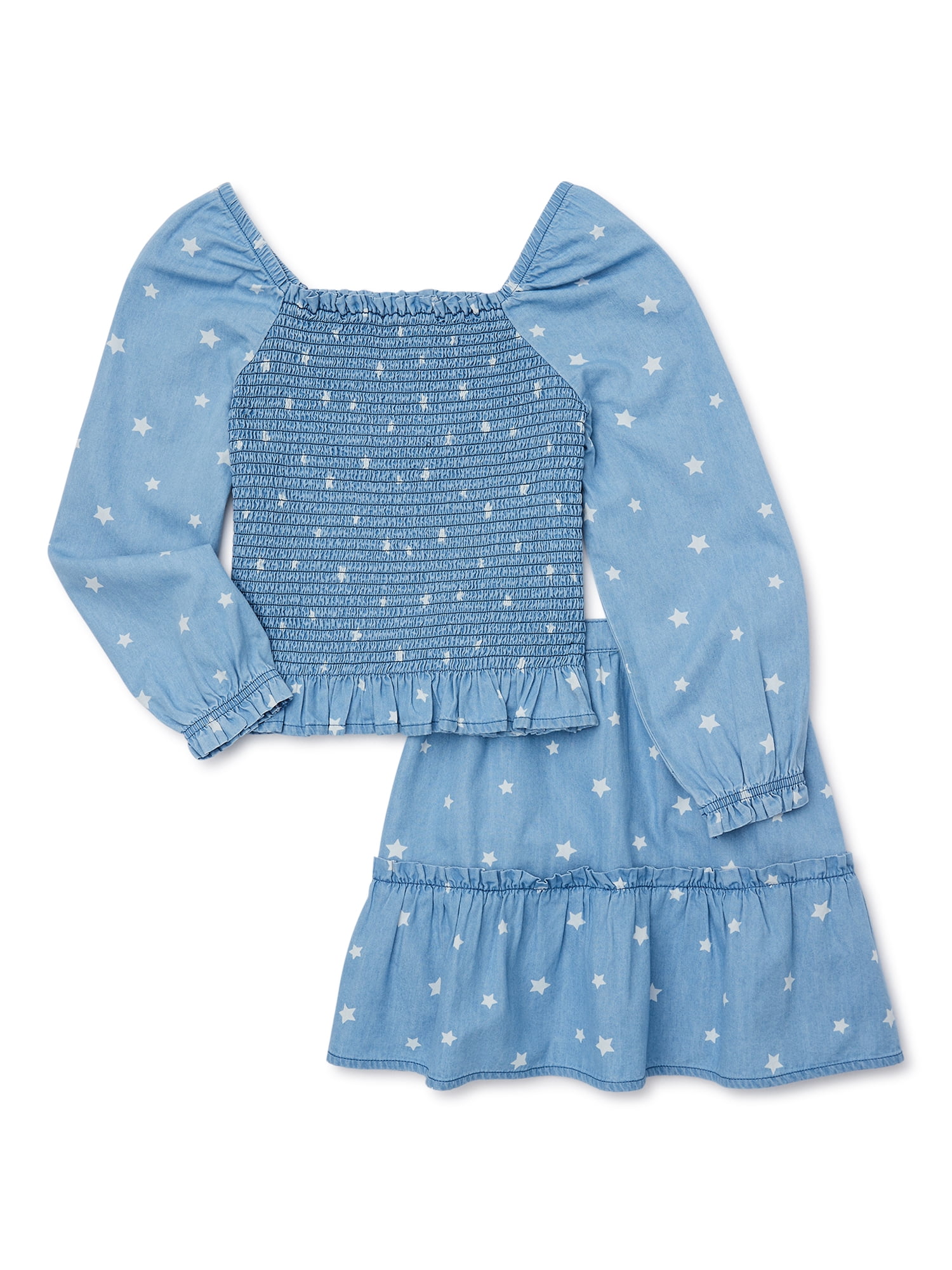 Wonder Nation Girls Woven Smocked Top and Ruffled Skirt Set, 2-Piece ...
