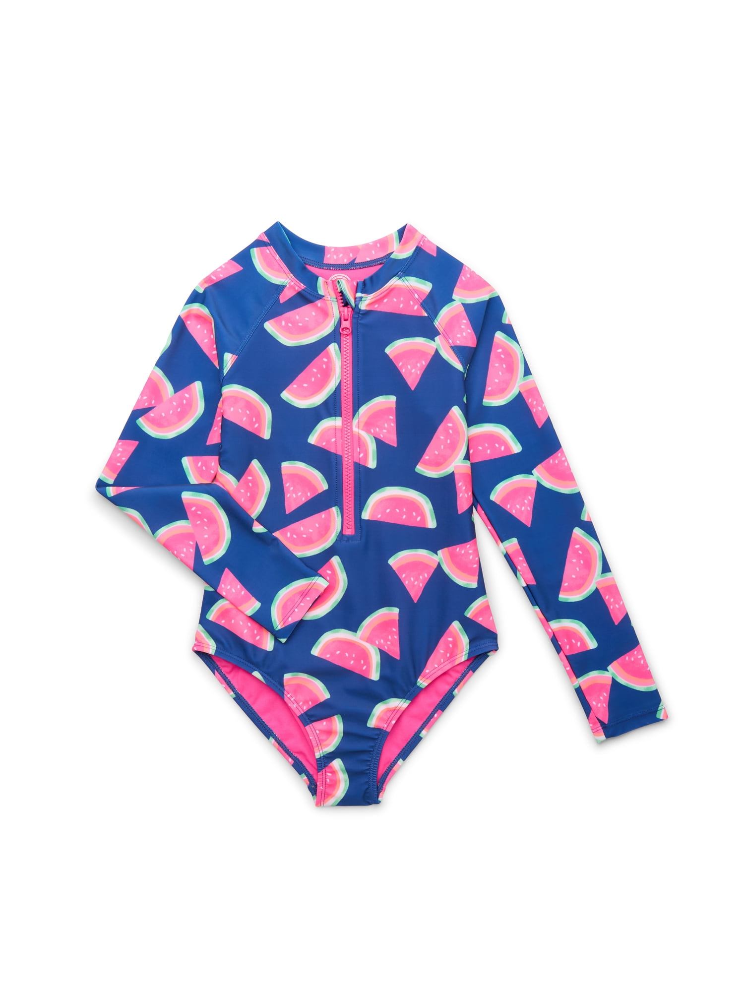 Wonder Nation Girls Zip-Up Long Sleeve Swimsuit with UPF 50 and Half ...