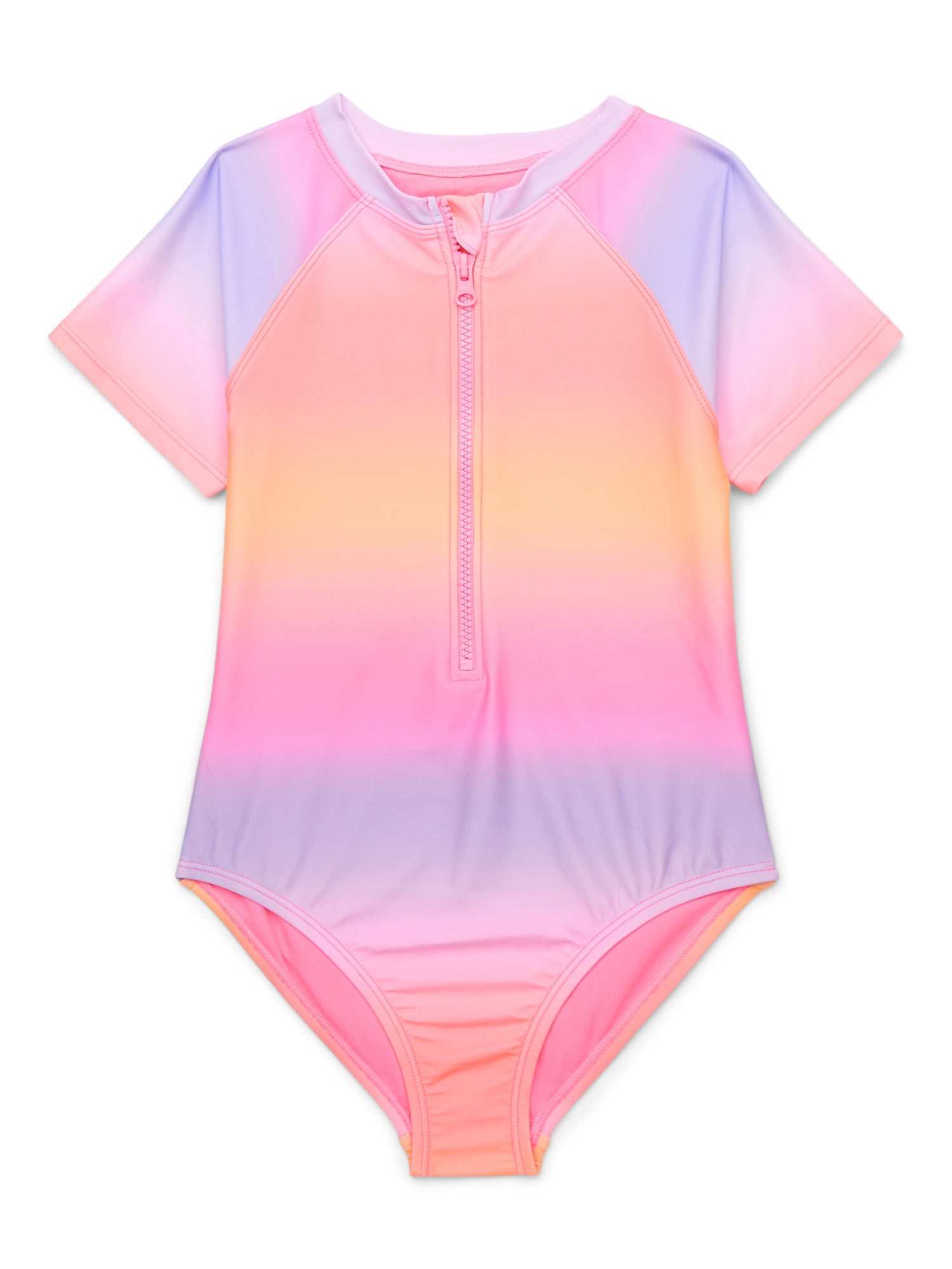Wonder Nation Girls Short Sleeve Zip-Up Rash Guard One-Piece Swimsuit ...