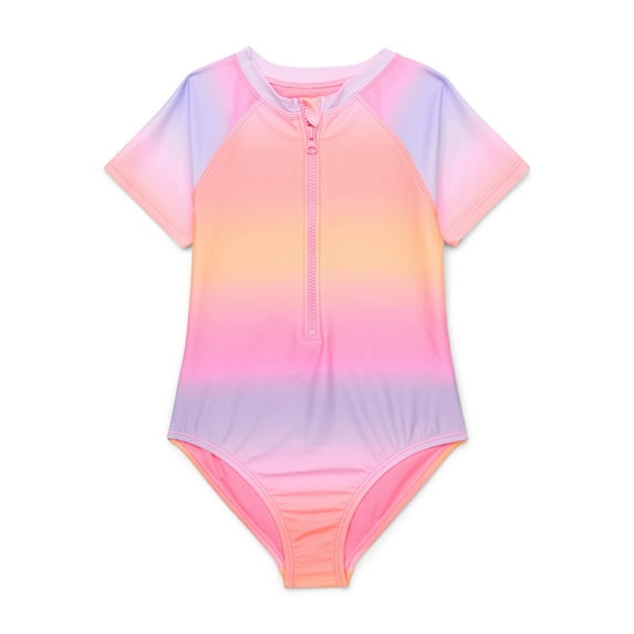 Wonder Nation Girls Short Sleeve Zip-Up Rash Guard Swimsuit with UPF 50 ...