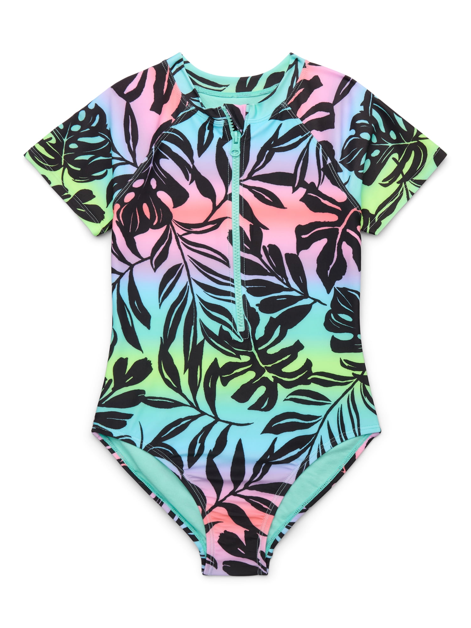 Wonder Nation Girls Short Sleeve Zip-Up Rash Guard One-Piece Swimsuit ...