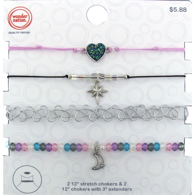Wonder Nation Kids Celestial Necklace and Choker Set, 4 Pack Rhodium ...