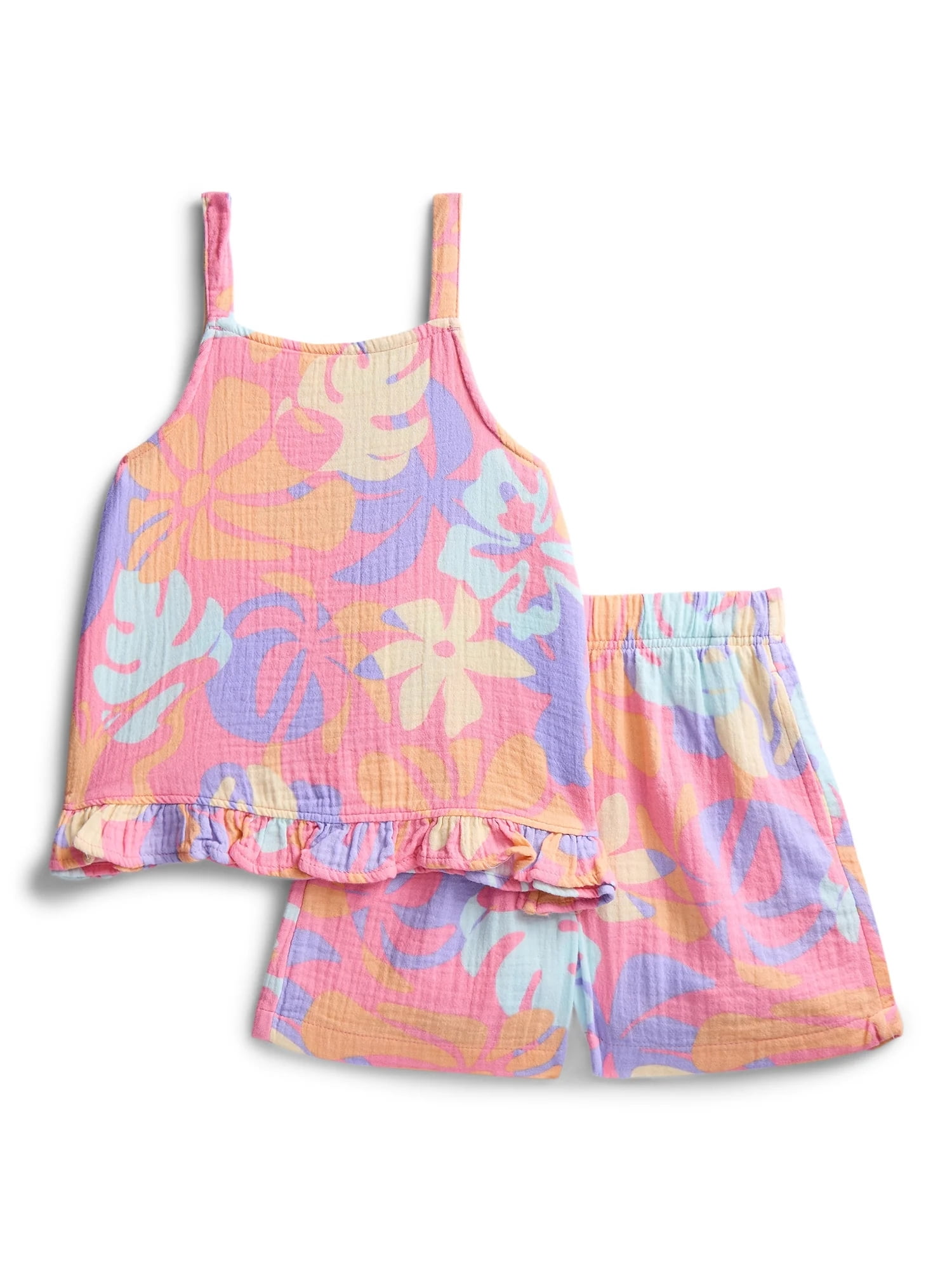 Wonder Nation Girls Textured Woven Cotton Top and Shorts Outfit Set, 2 ...