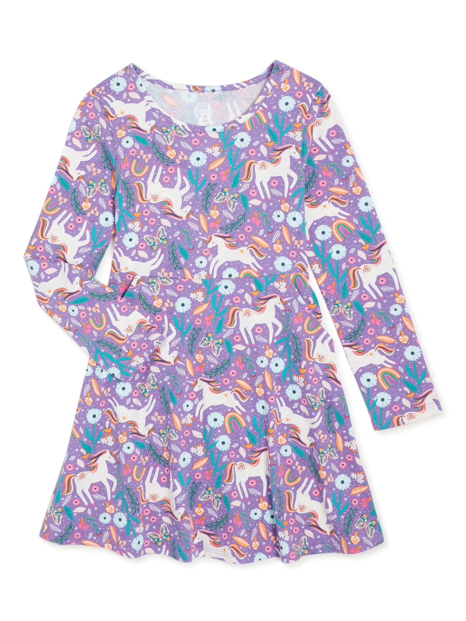 Wonder Nation Long Sleeve Crew Neck Fit & Flare Dress (Big Girls), 1 ...