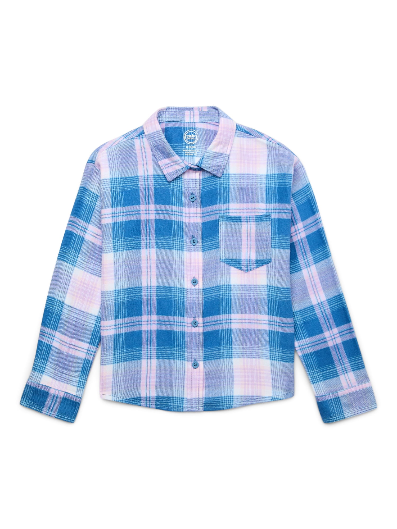 Wonder Nation Girls Plaid Flannel Shirt Long Sleeve Cotton Blend Kids ...