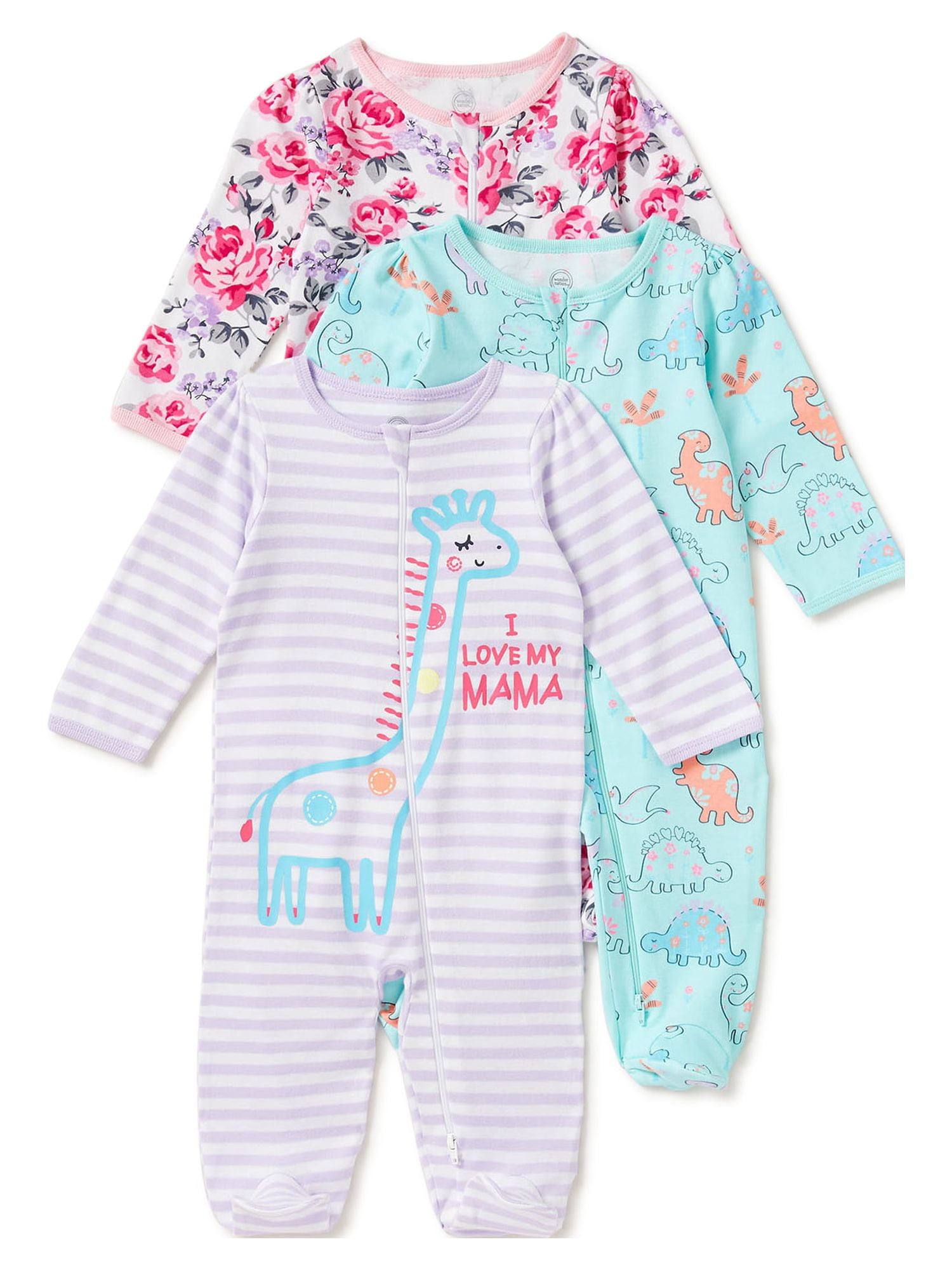 Wonder Nation Newborn Baby Girl Sleep and Play Pajamas, 3 Pack, Preemie ...