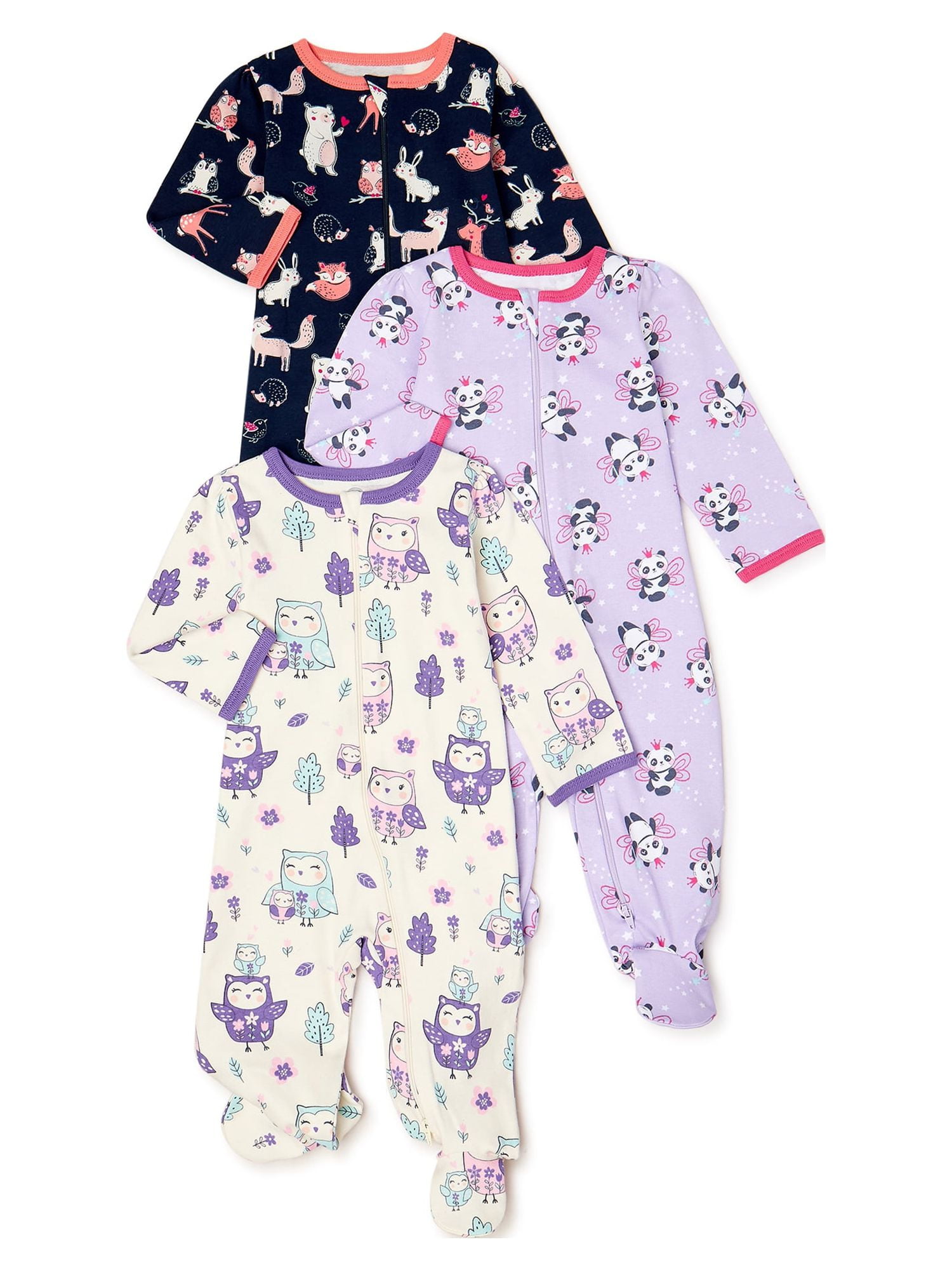 Wonder Nation Newborn Baby Girl Sleep and Play Pajamas, 3 Pack, Preemie ...