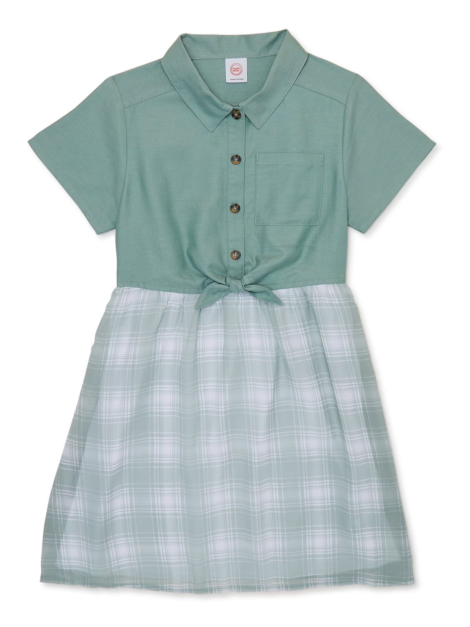 Wonder Nation Short Sleeve Girls Tie Front Dress, Sizes 4-18 & Plus ...