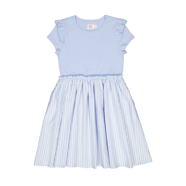 Wonder Nation Girls' Mixed Media Dress with Short Ruffle Sleeves, Sizes ...