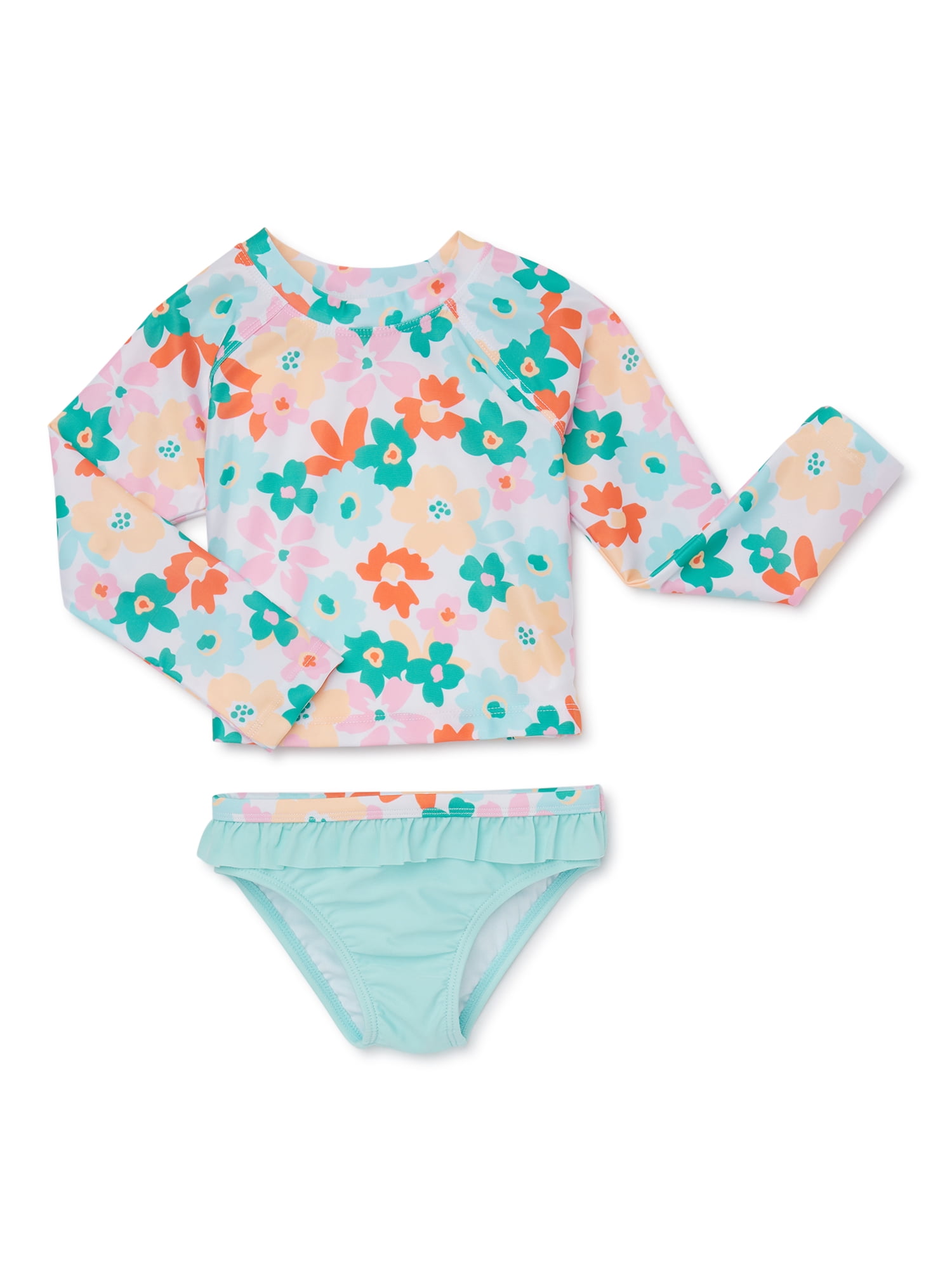 Wonder Nation Toddler Girl Long Sleeve Swim Rash Guard Set, Size 12M-5T ...