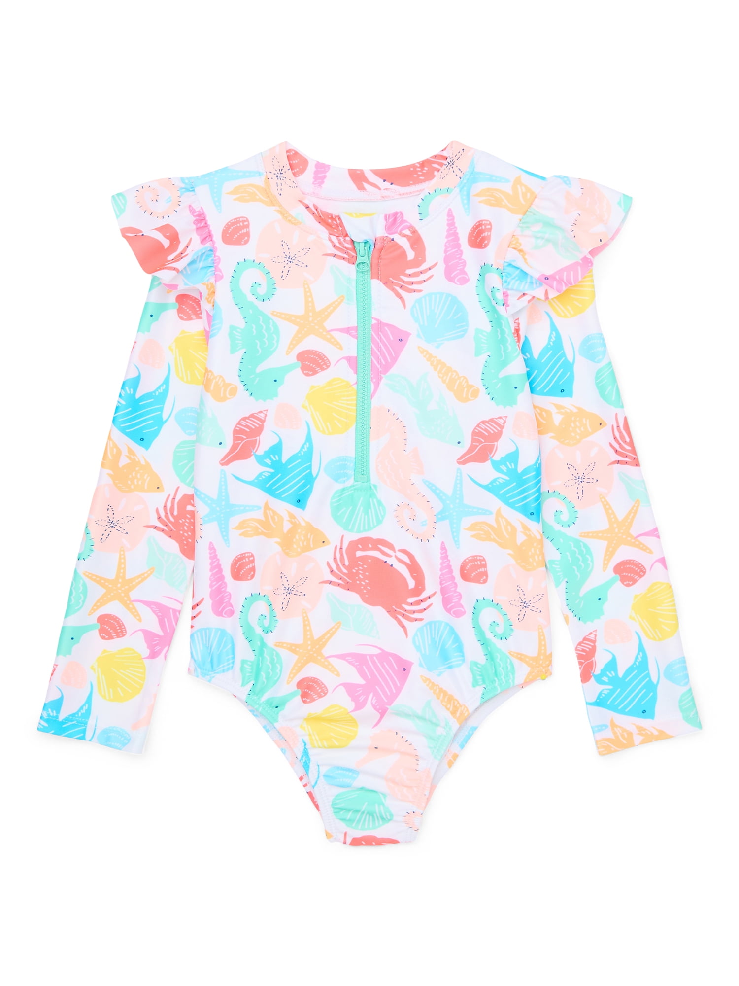 Wonder Nation Toddler Girl Zip Rash Guard One-Piece Swimsuit with UPF ...