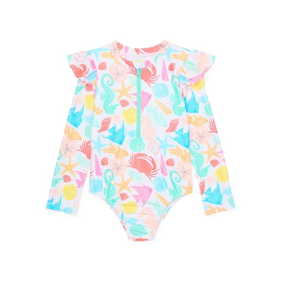 Wonder Nation Toddler Girl Zip Rash Guard One-Piece Swimsuit with UPF ...