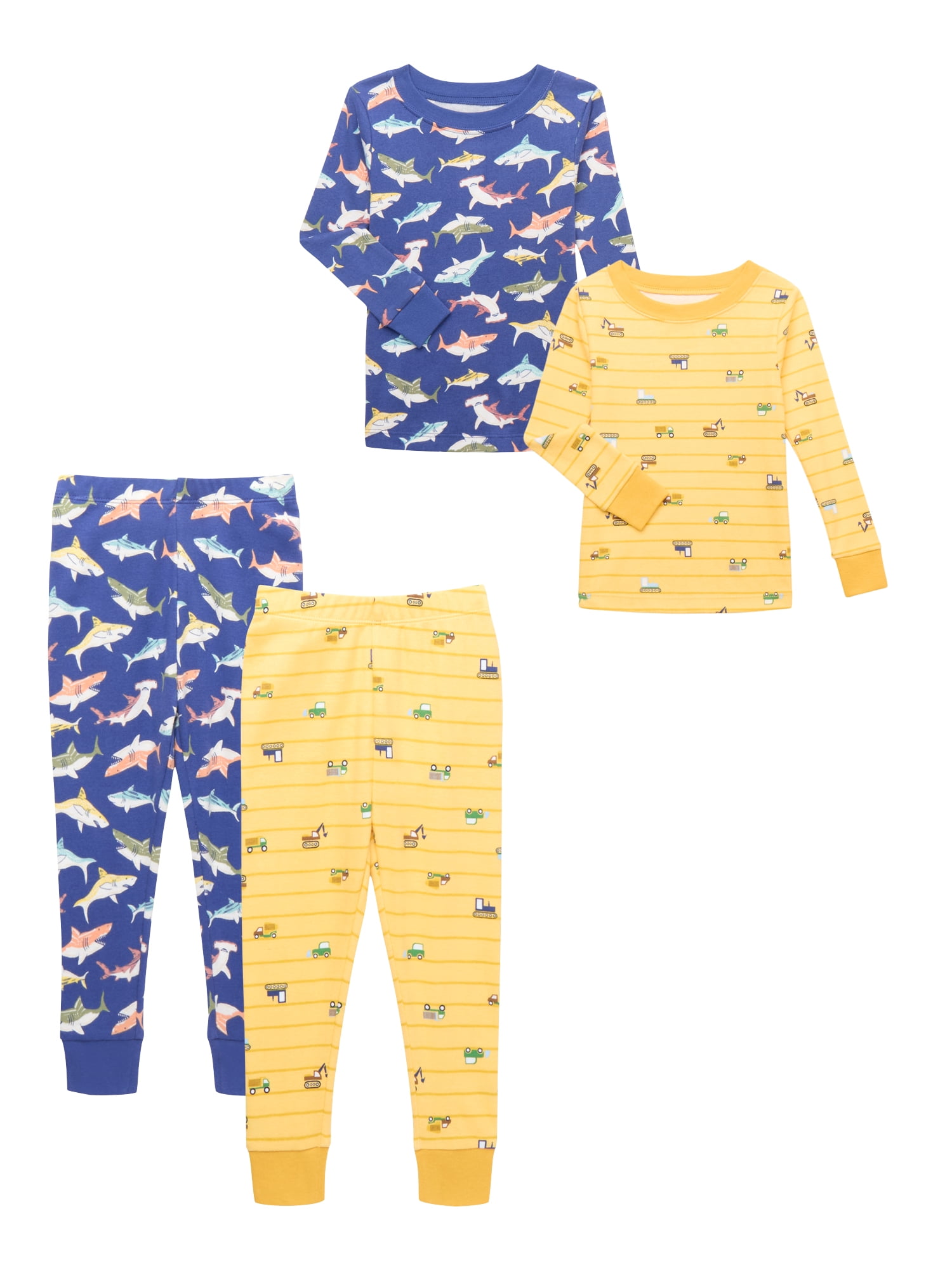 Wonder Nation Toddler Long Sleeve Tight Fit Cotton Pajama Set, 4-Piece ...