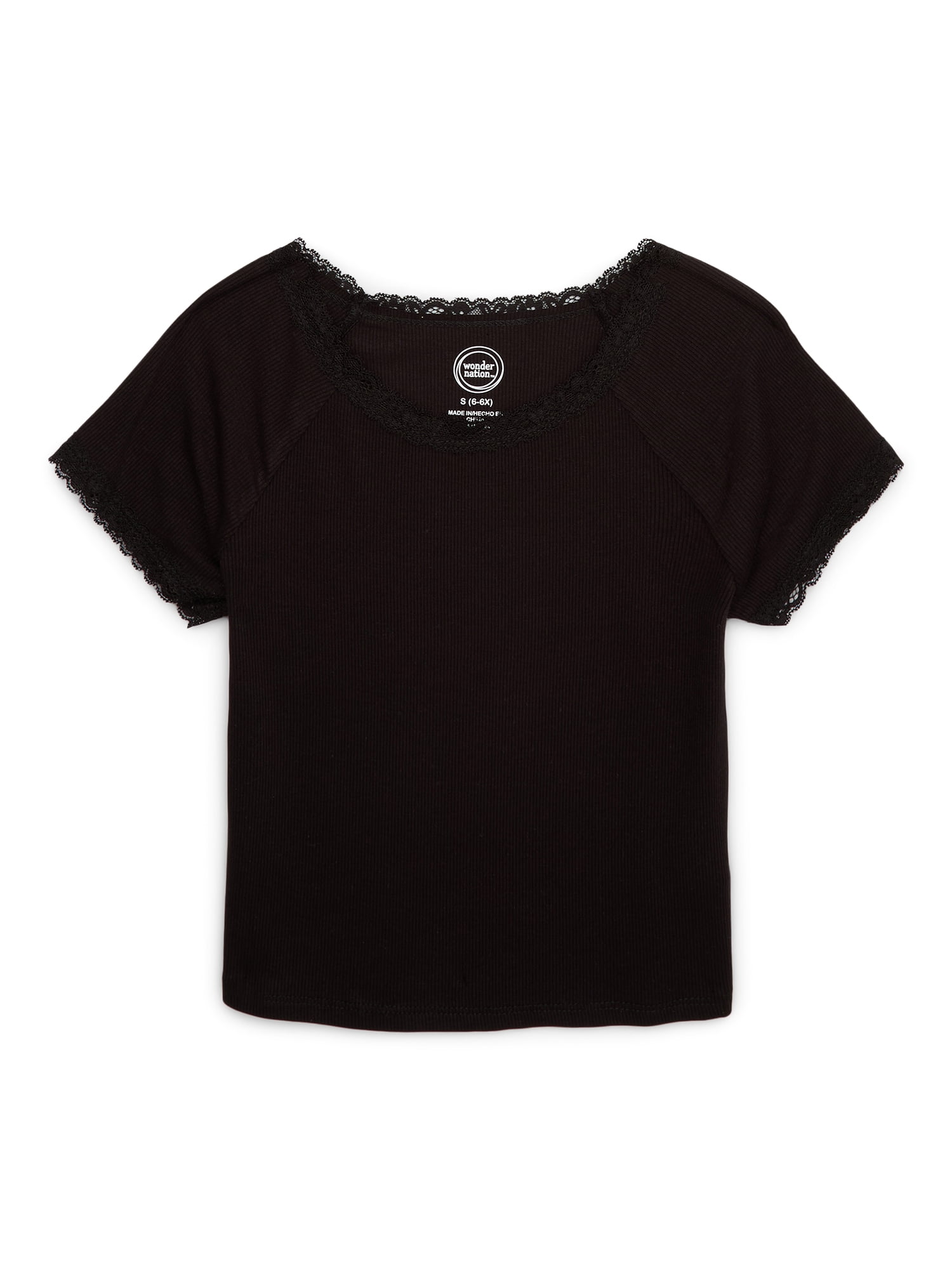 Wonder Nation Girls Lace Trim Tee with Short Sleeves, Sizes 4-18 ...