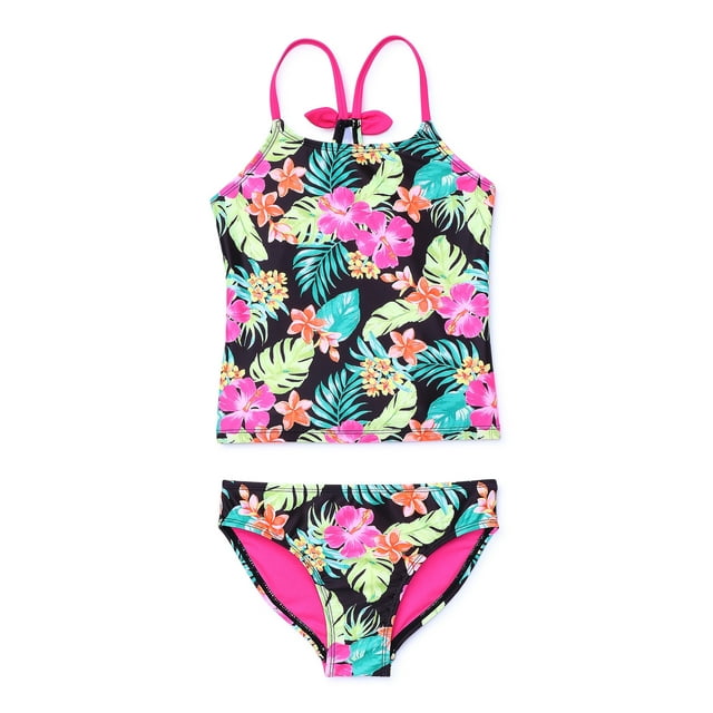 Wonder Nation Girls Tankini Set, Size 6-6X, Black Soot, UPF 50 ...