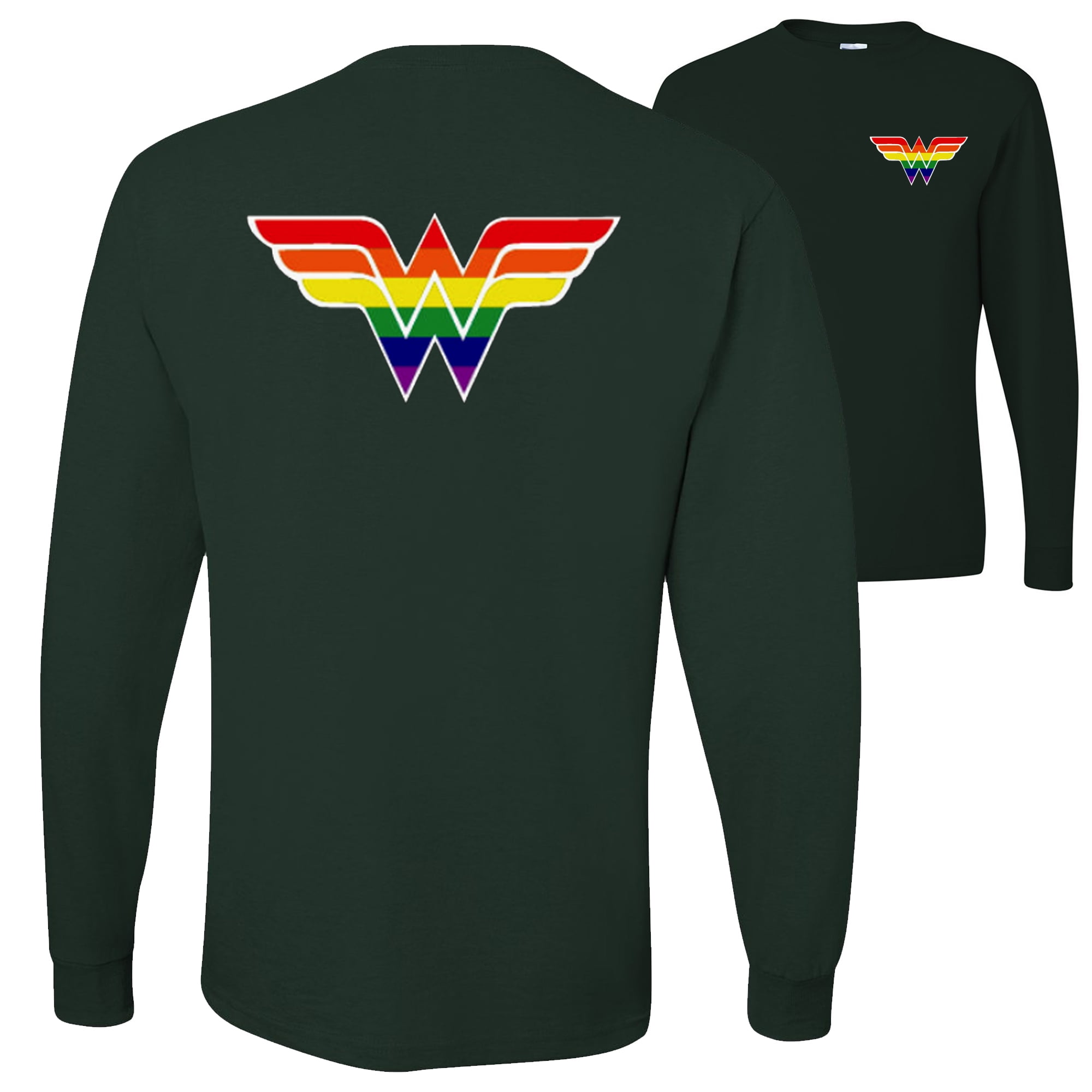 Wonder Rainbow LGBT Pride FRONT AND BACKMens Long Sleeves, Forest Green ...