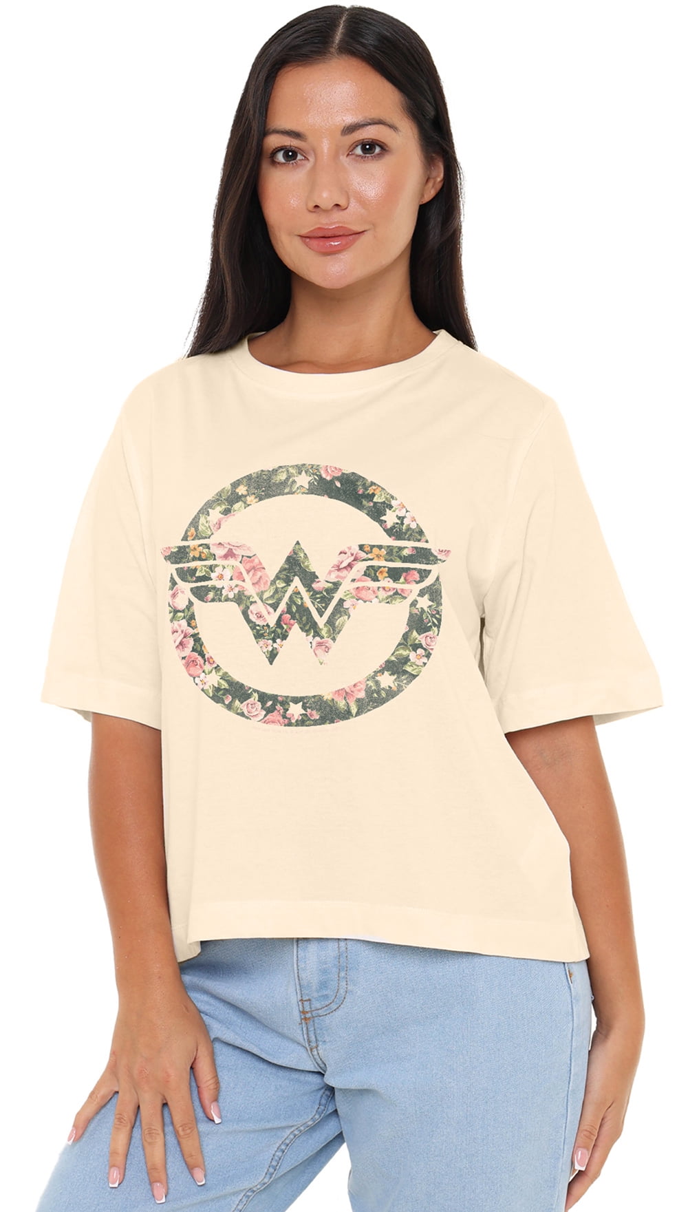 Wonder Woman Floral Wonder Woman Logo Women's Boxy Cropped T-Shirt ...