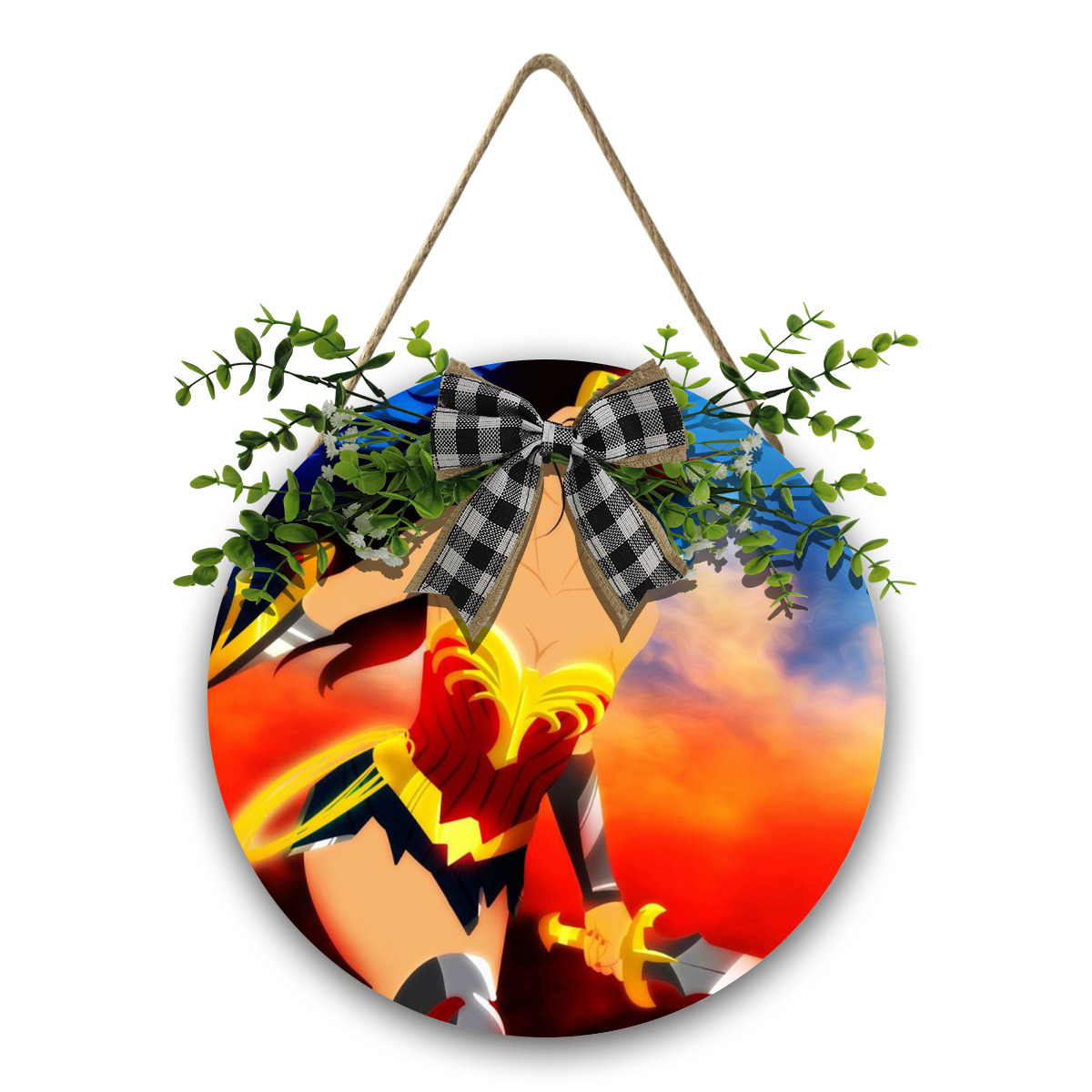 Wonder Woman Round wooden hanging board with decorative flowers and ...