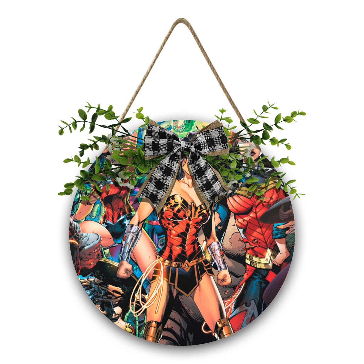 Wonder Woman Round wooden hanging board with decorative flowers and ...