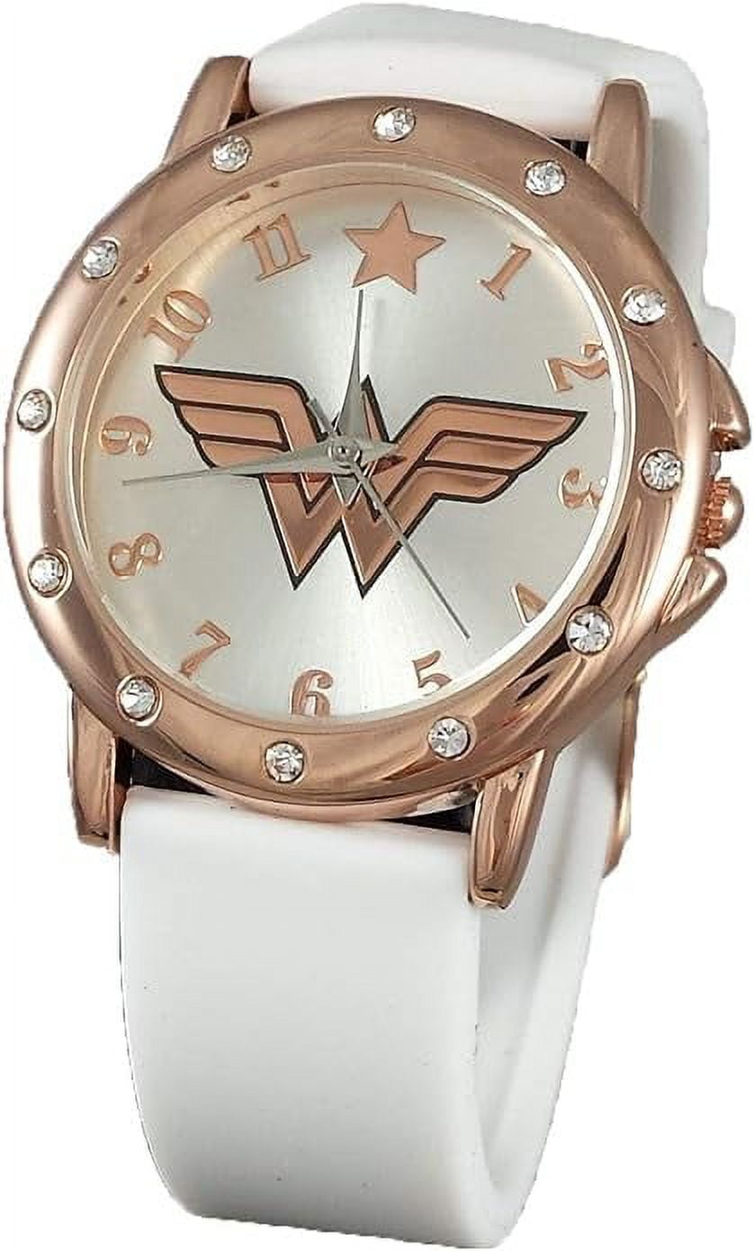 Wonder Woman White Rubber Watch, Rose Gold Case, Rhinestones, 35mm ...