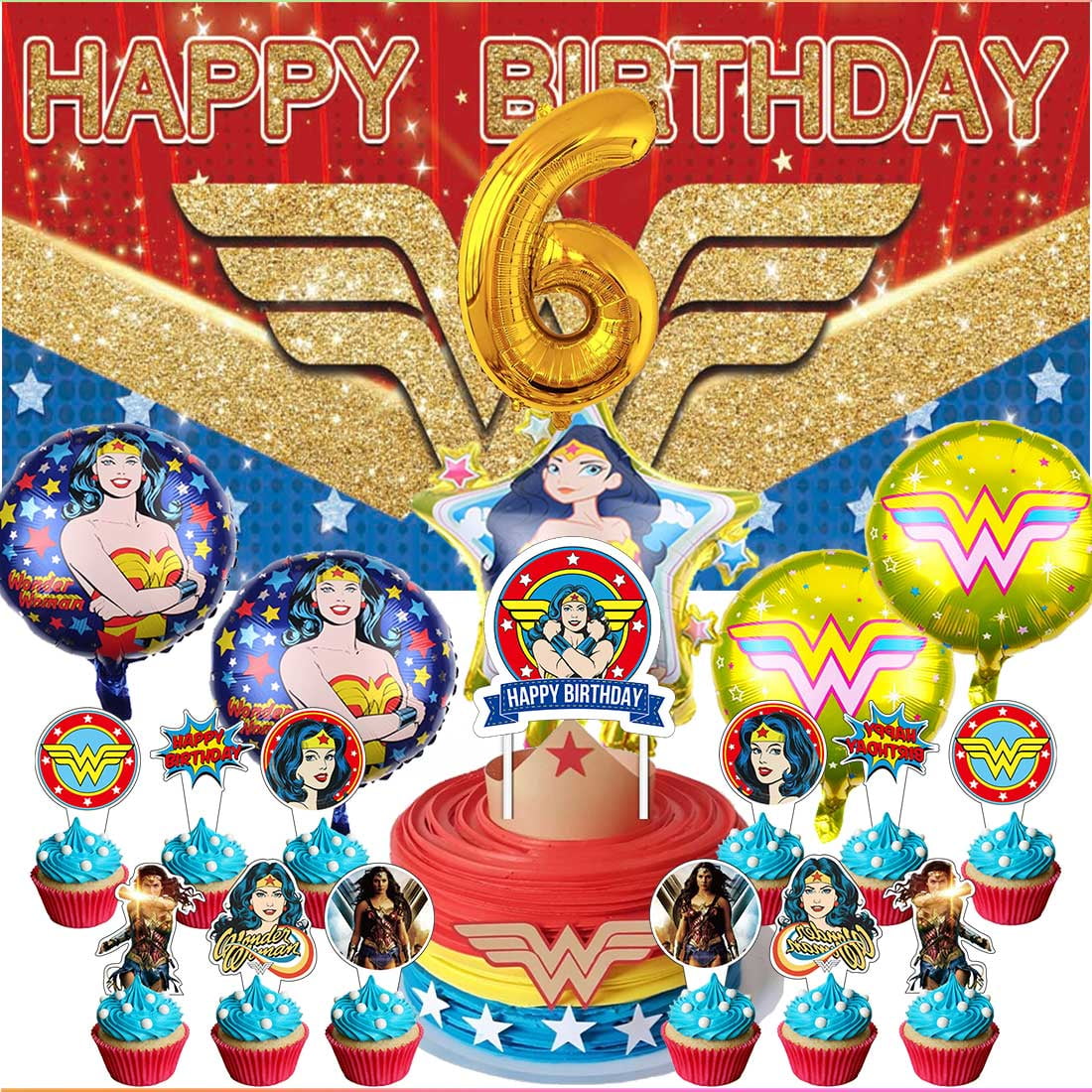 Wonder Women Party Supplies Decor 6th Kit Balloons Birthday Cake Topper Banner Backdrop ...