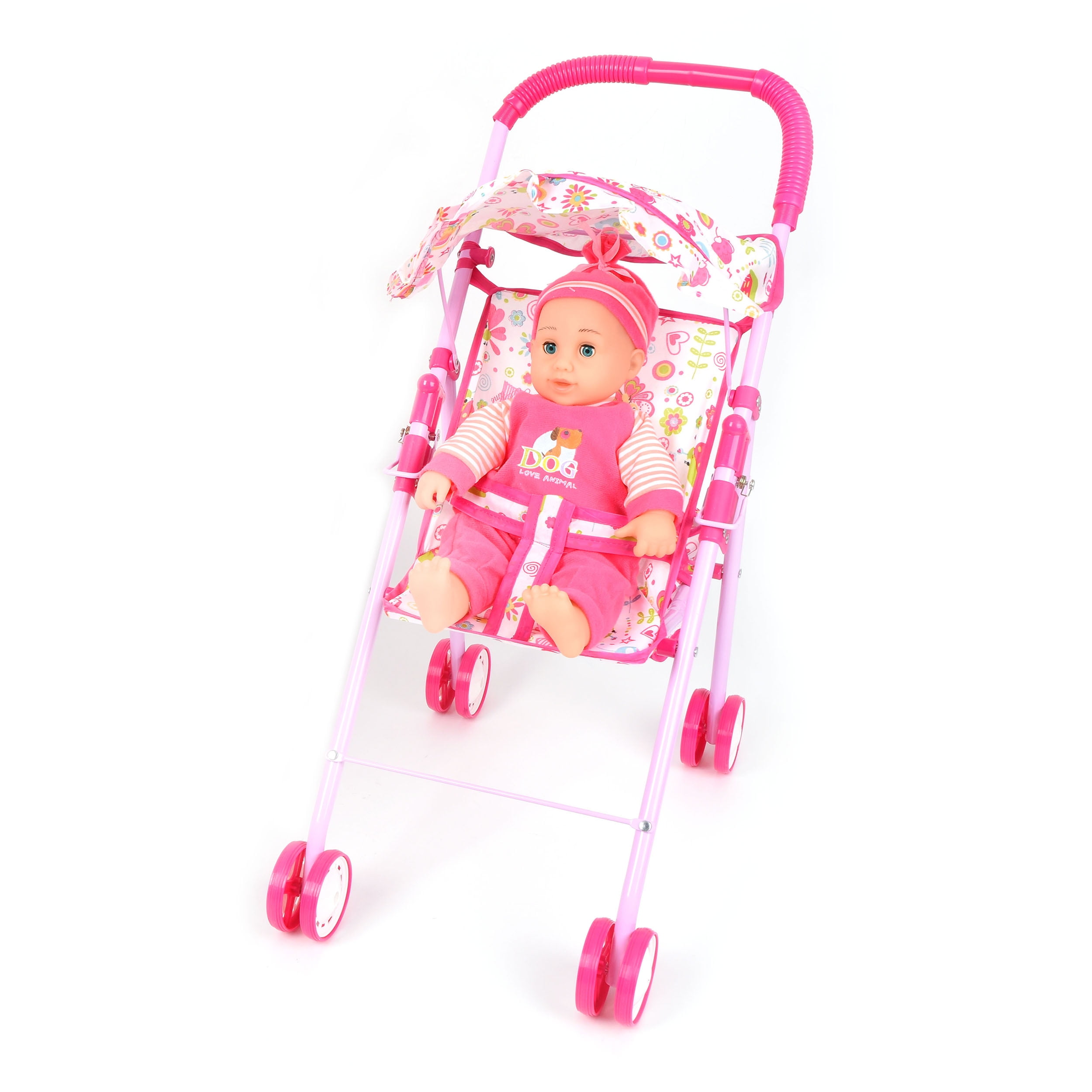 WonderPlay Pretty In Pink Kids Doll Stroller With 14 Inch Doll & 4 ...