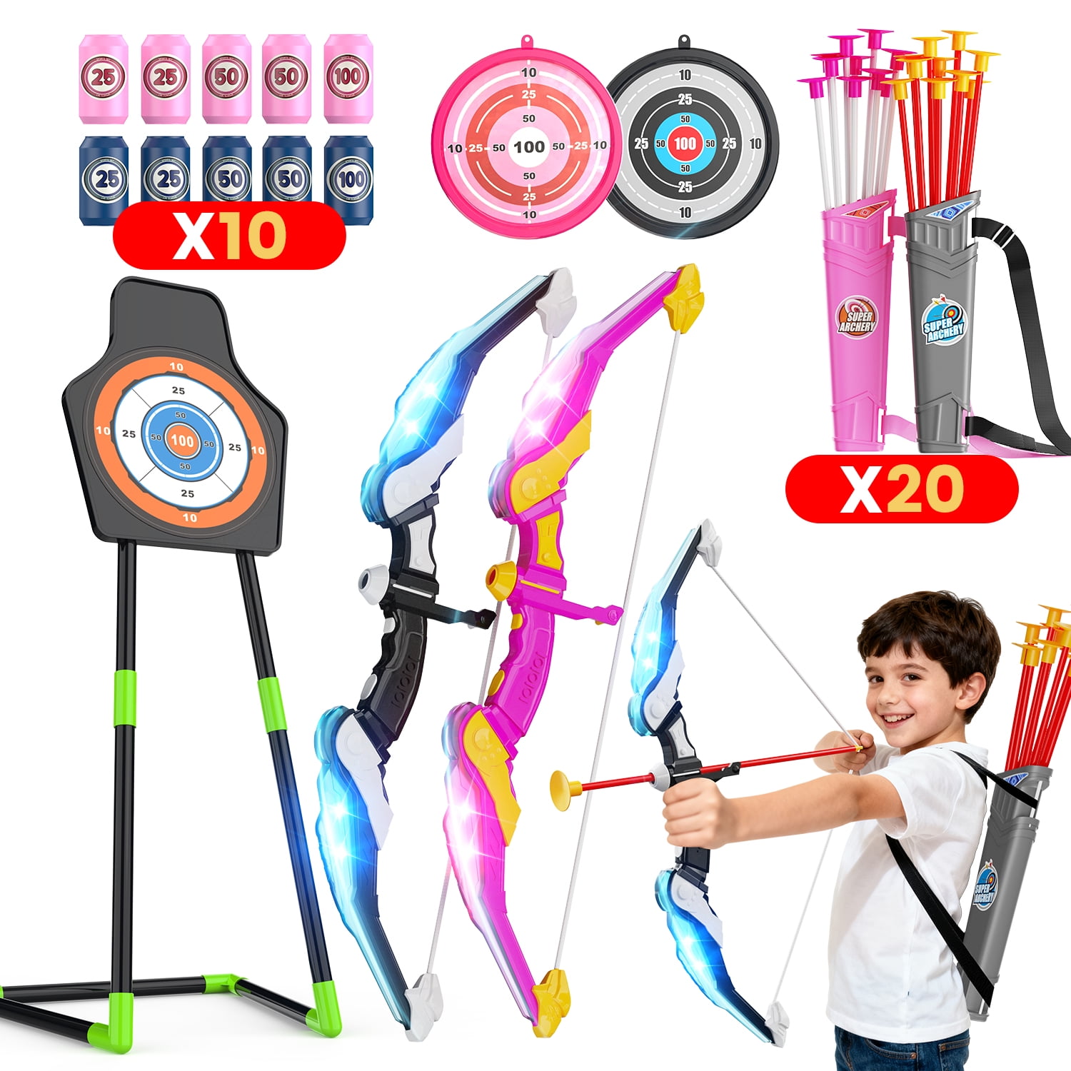 WonderStone 2-Pack Kids Bow and Arrow, LED Light-Up Archery Set, 20 ...