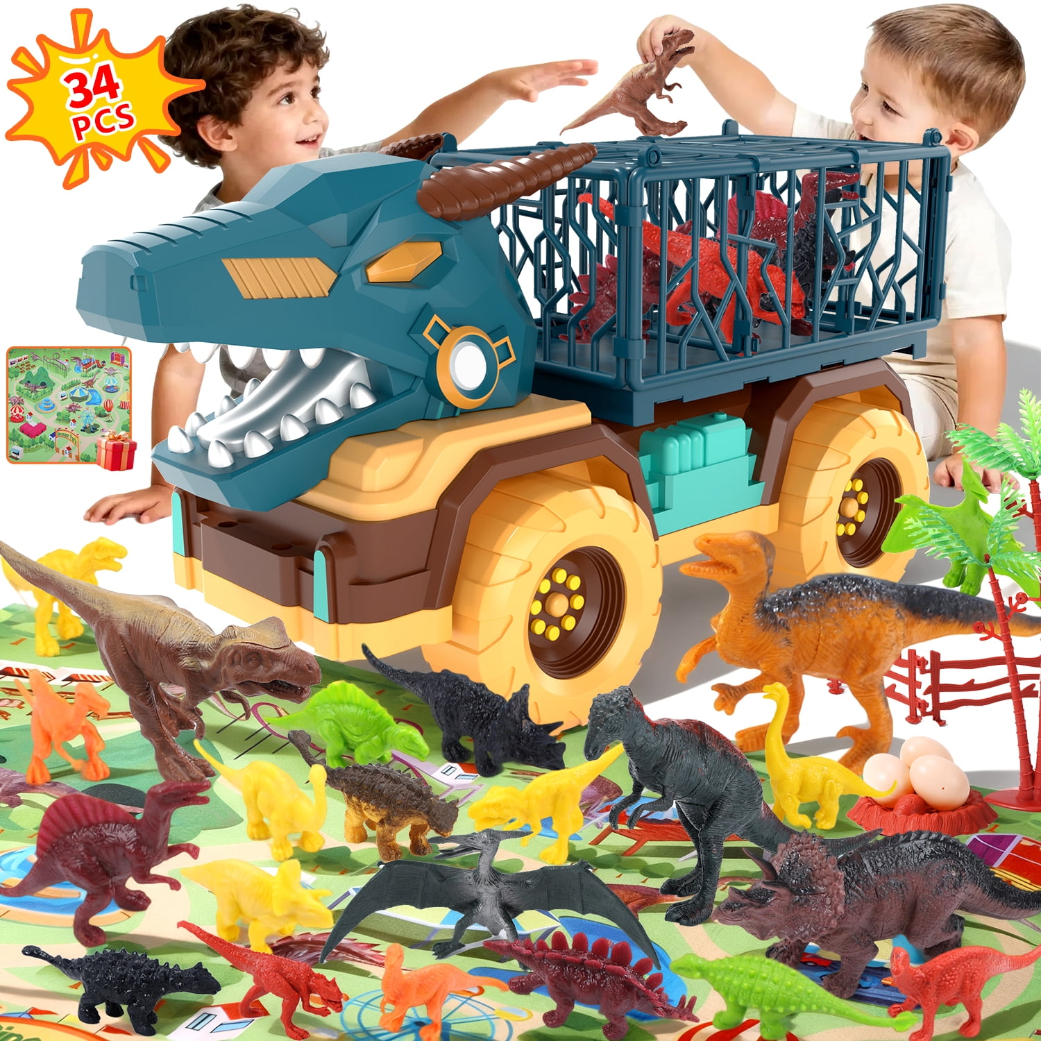 WonderStone 34-in-1 Dinosaur Toy Truck, Dino Carrier Car with 23 Dino ...