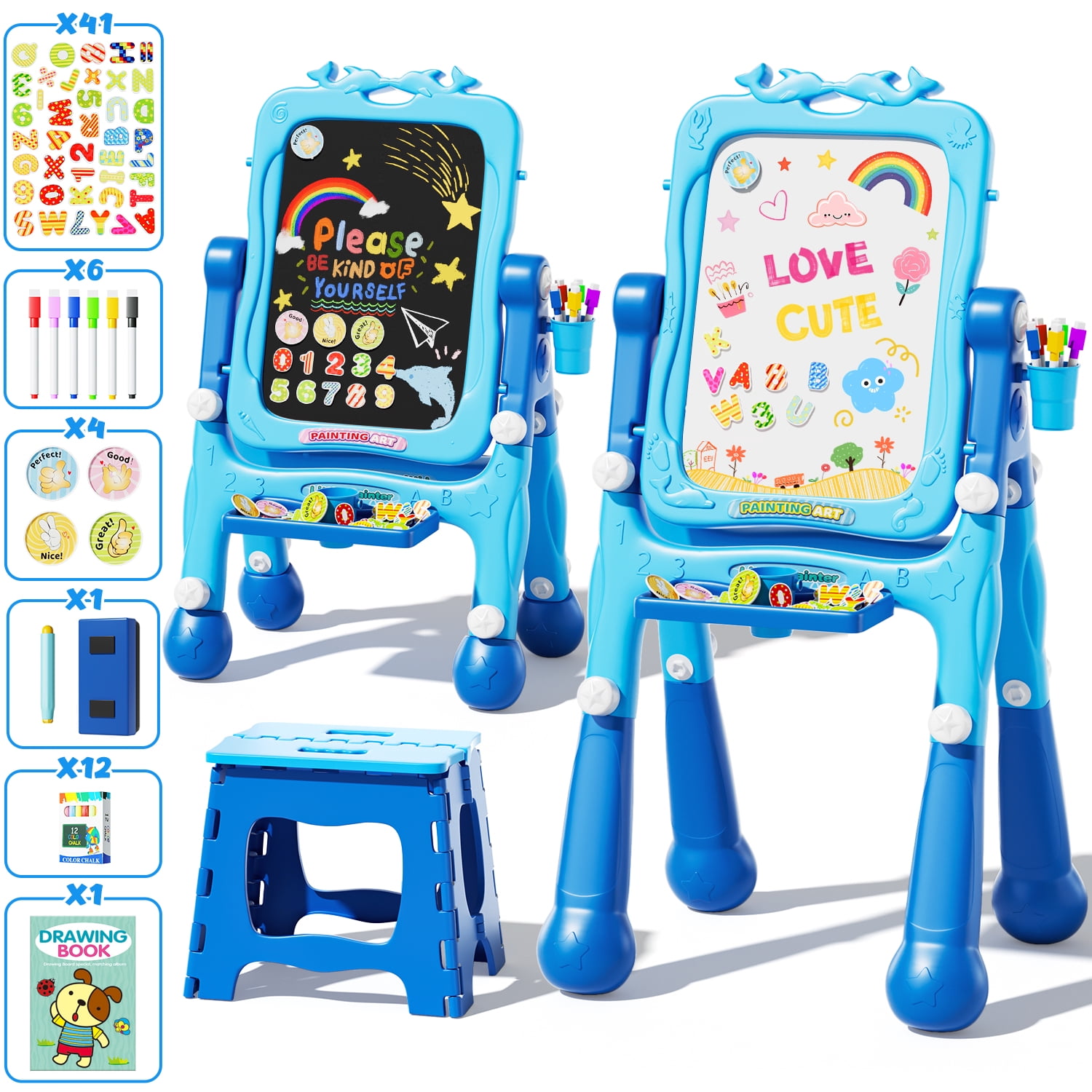 WonderStone 4-in-1 Kids Art Easel with Chair, Double-Sided Rotatable ...