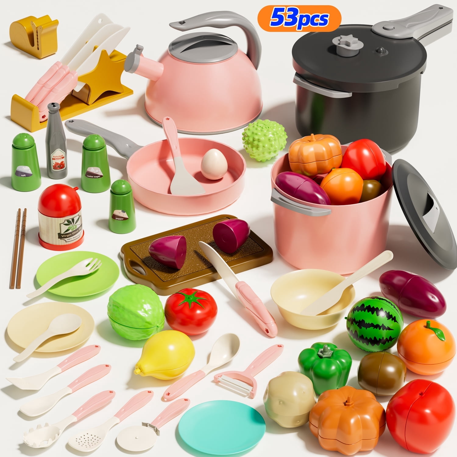 WonderStone 53PCS Play Food Sets for Kids Kitchen, Pretend Play Toys ...