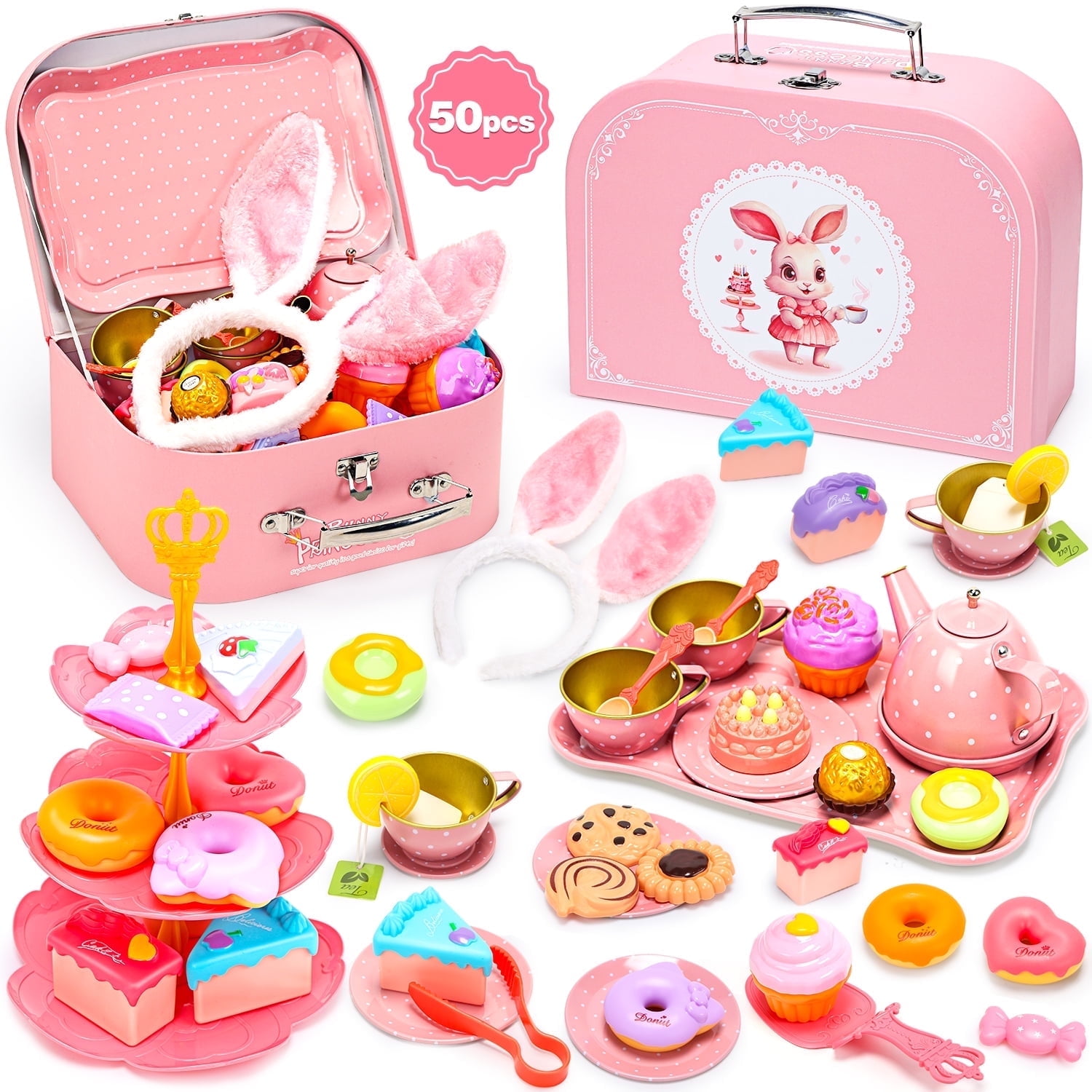 WonderStone Tea Party Set for Girls, 50PCS Tin Pretend Toy with Kitchen ...
