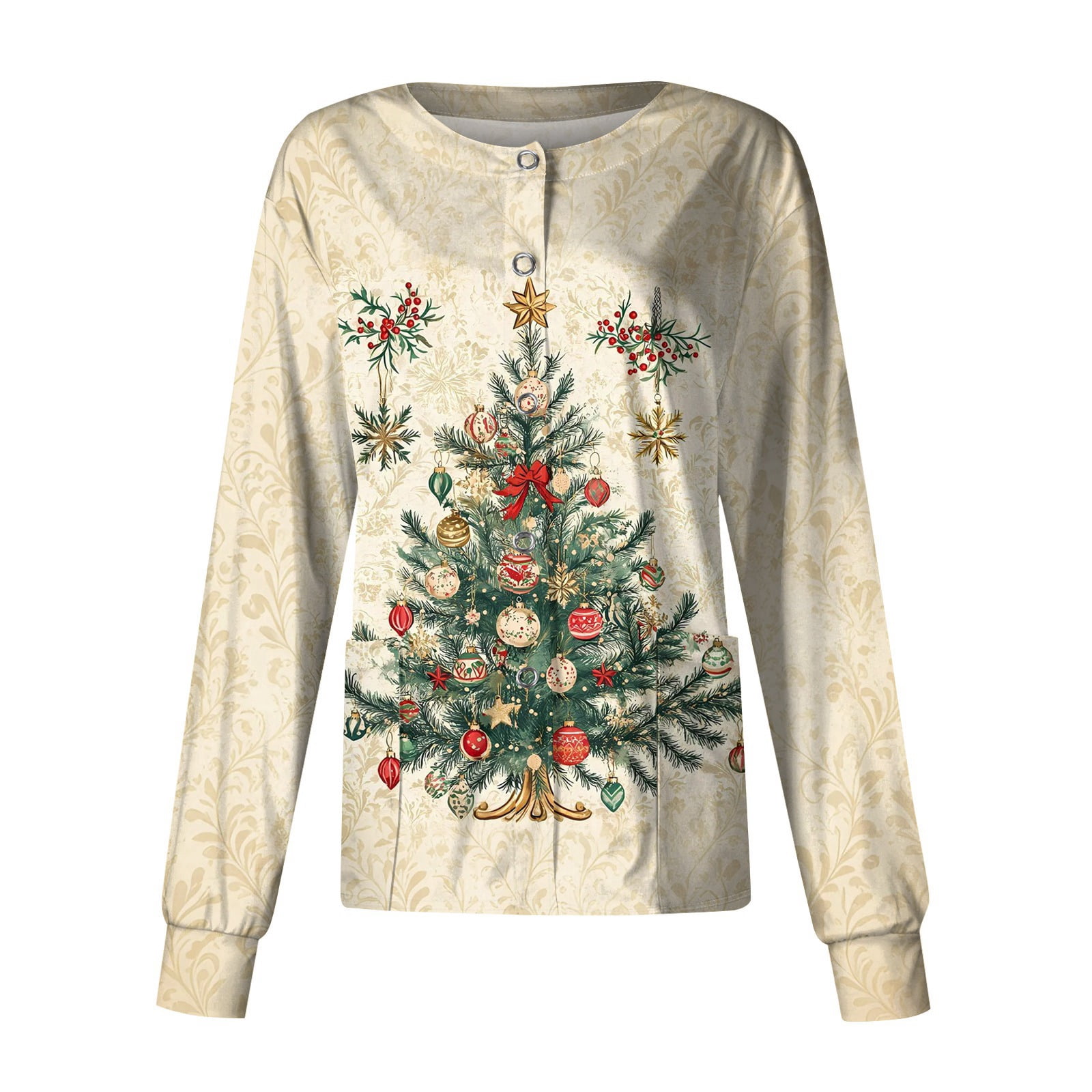 WonderWiz Christmas Scrub Jackets for Woman Long Sleeve Snap Front Warm ...