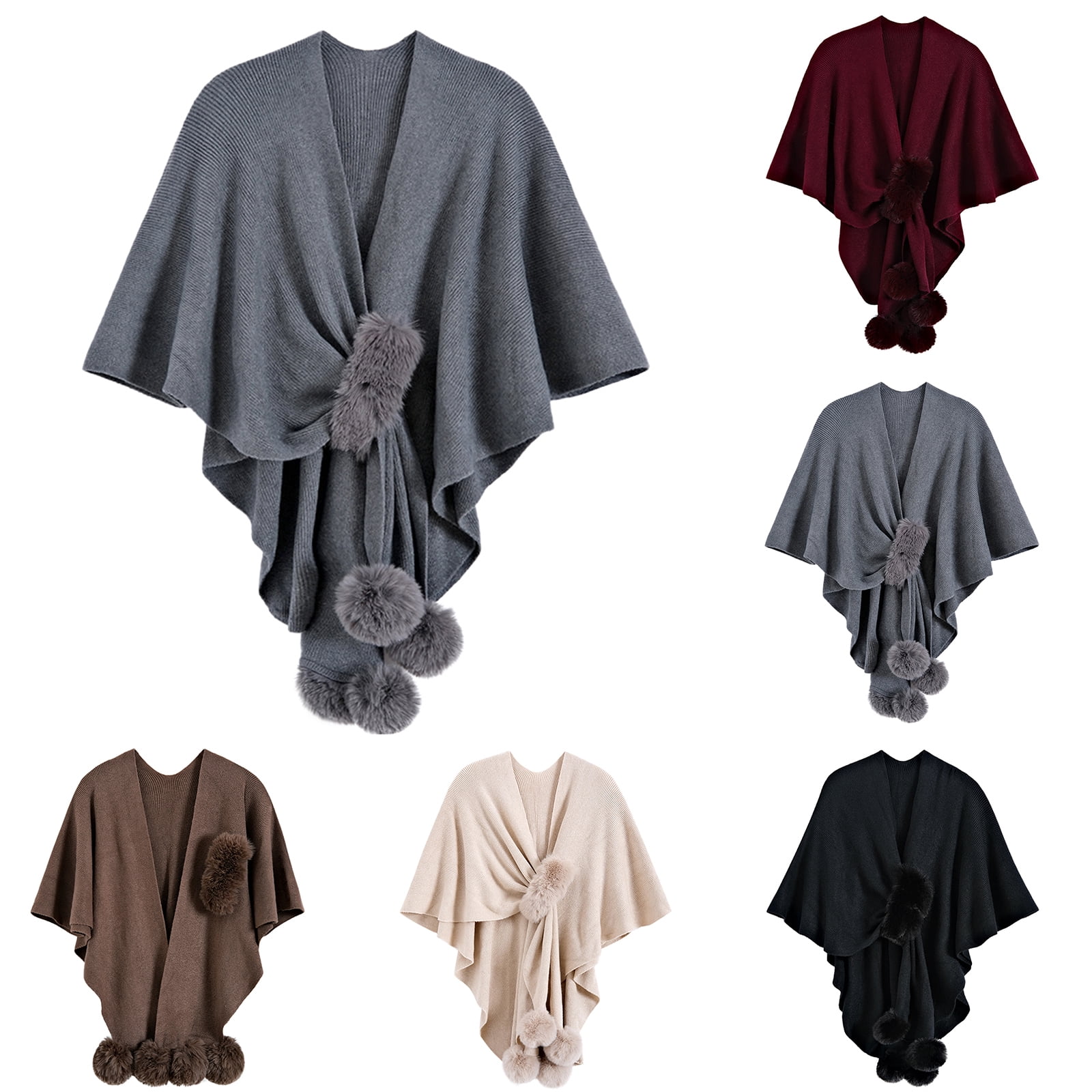 WonderWiz Fashion Cape Shawls for Women Faux Fur Pom Pashmina Wrap ...
