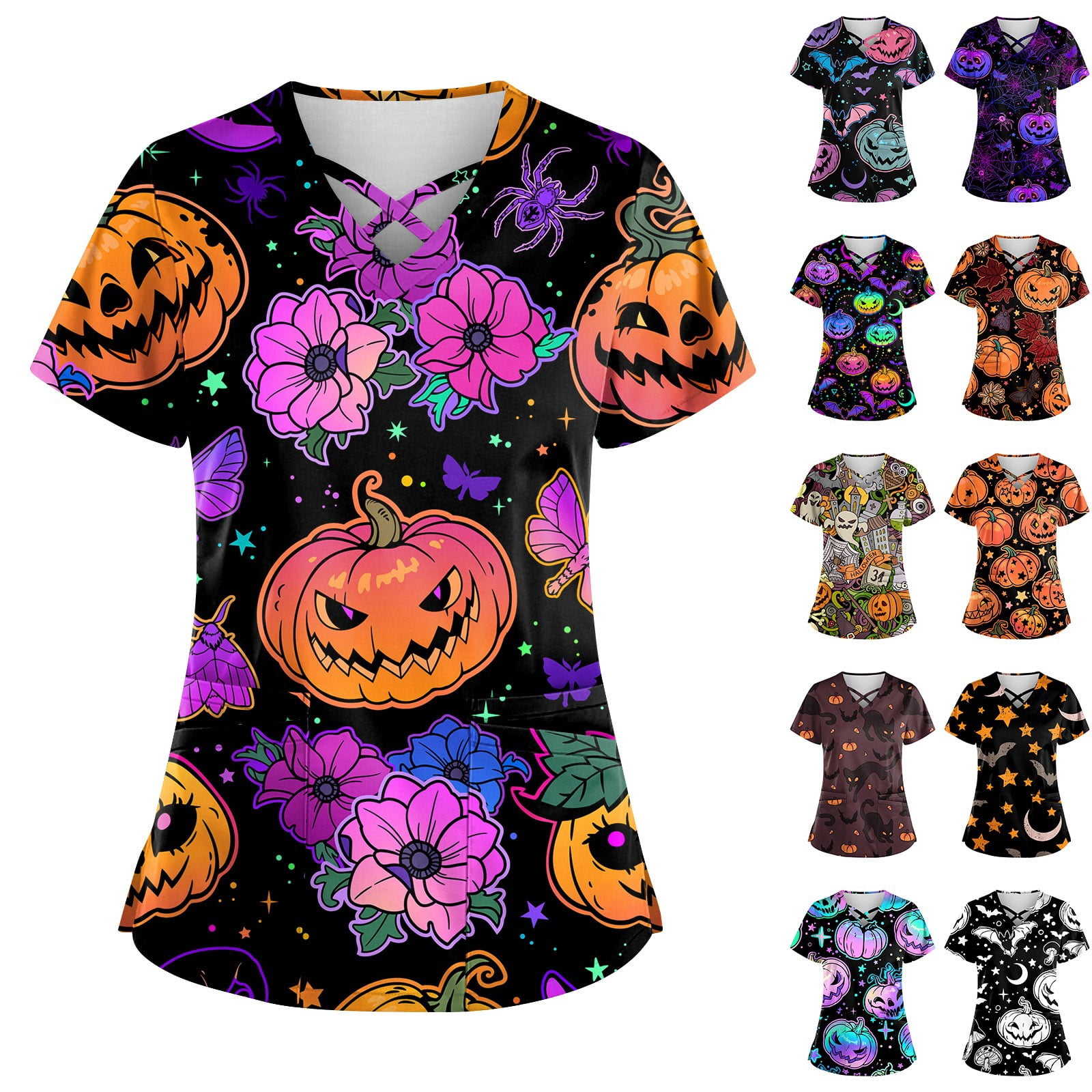 WonderWiz Women Halloween Scrubs Top,Halloween Themed Nurse Tops for ...