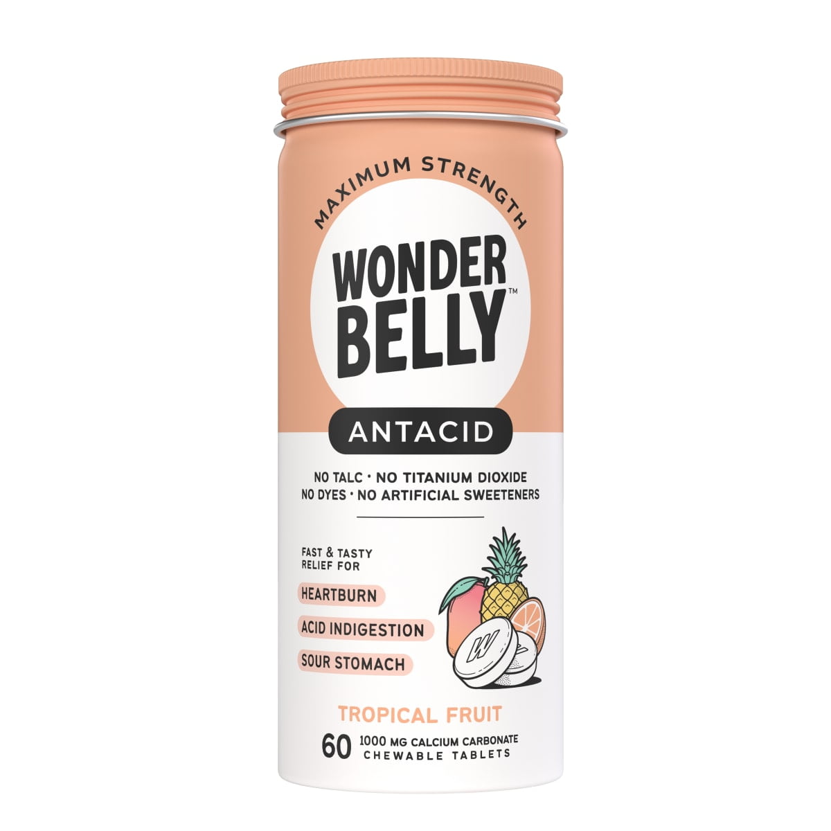 Wonderbelly Antacid Tablets for Heartburn Relief, Tropical Fruit Flavor ...