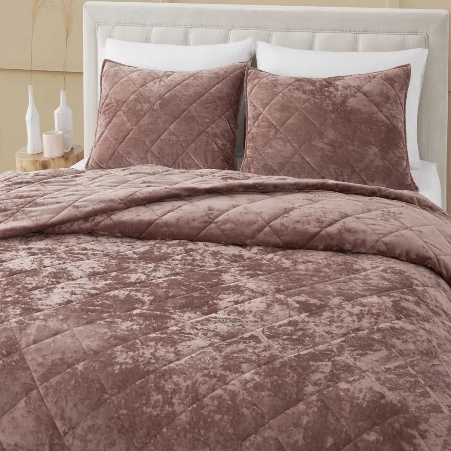 Wonderful Bedding Diamond Quilting Luxury Crushed Velvet 3-Pieces Quilt ...