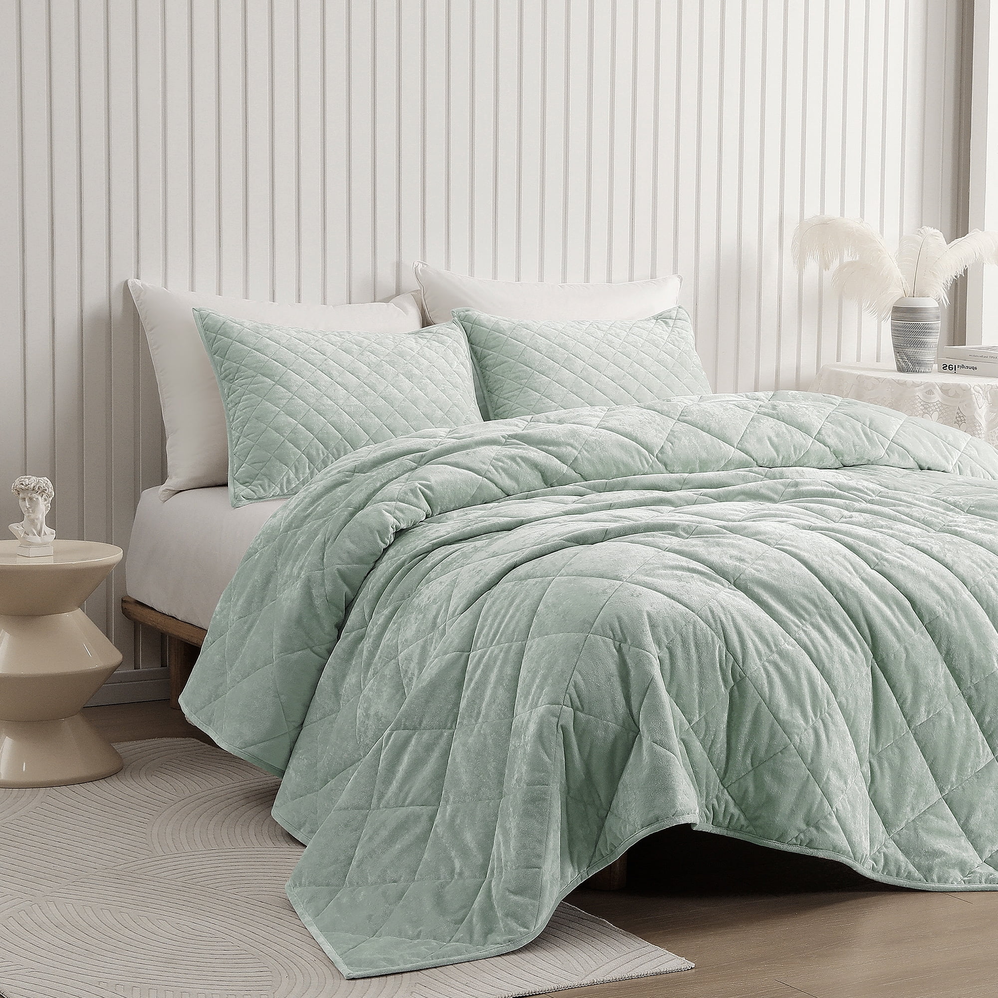 Wonderful Diamond Velvet 3 Piece Quilt Set Sage King - Walmart.com