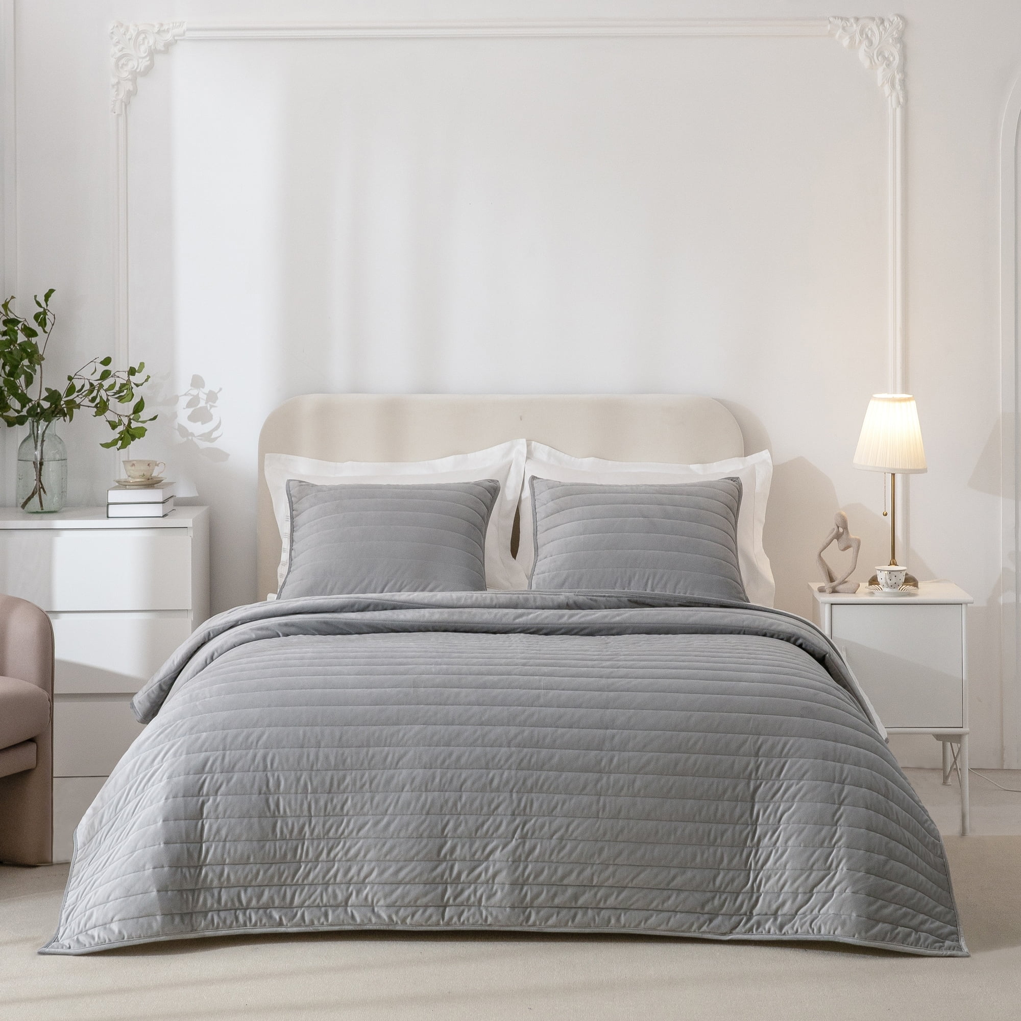 Wonderful Velvet 3 Piece Quilt Set 22034 Light Grey - King - Walmart.com
