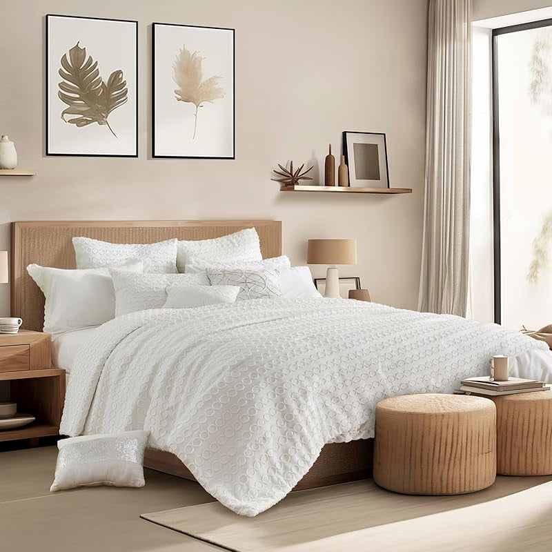 Wonderful White Clipping Jacqard Tufted Circular Comforter Set Queen ...