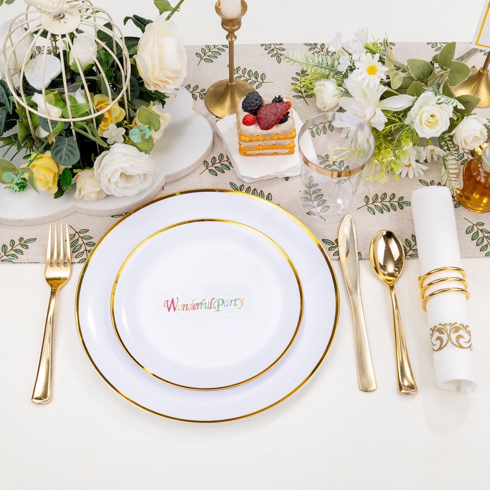 Wonderfulparty 350PCS Clear and Gold Plastic Dinnerware Include Clear ...