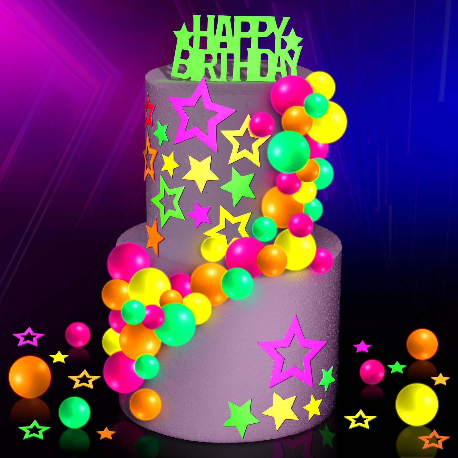 Wonderjune 57 Pcs FEV6 Neon Cake Decorations Glow Cake Toppers Balls ...