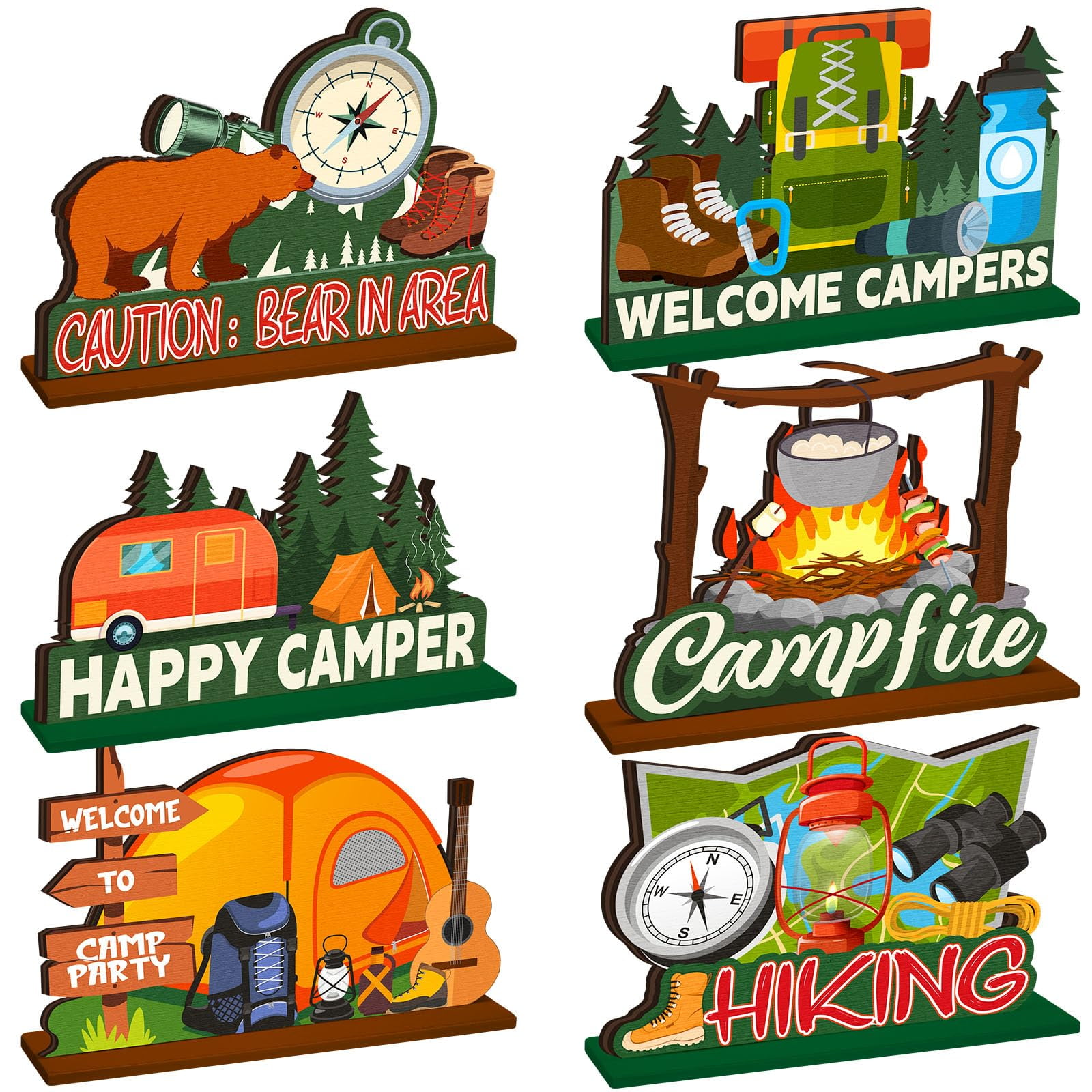 Wonderjune 6 Pieces CORNET Happy Camper Table Decoration Camping Wood ...