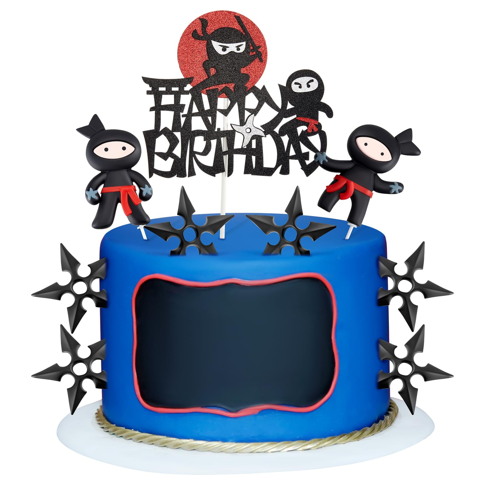 Wonderjune 9 Pcs Ninja Happy Birthday Cake Toppers Black Red Glitter for Ninja Theme Birthday ...