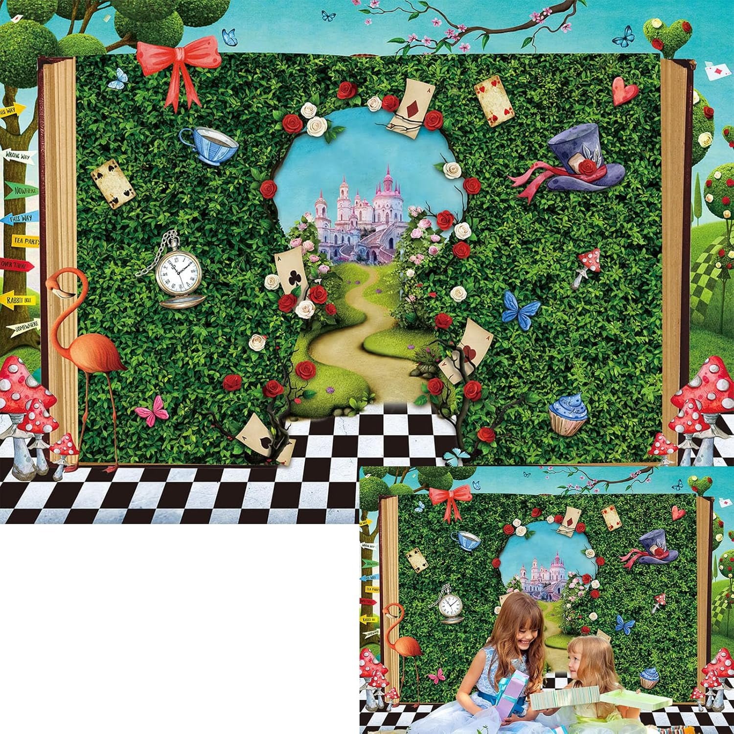 Wonderland Tea Party Backdrop Green Leaf Rose Wall Arch Background ...