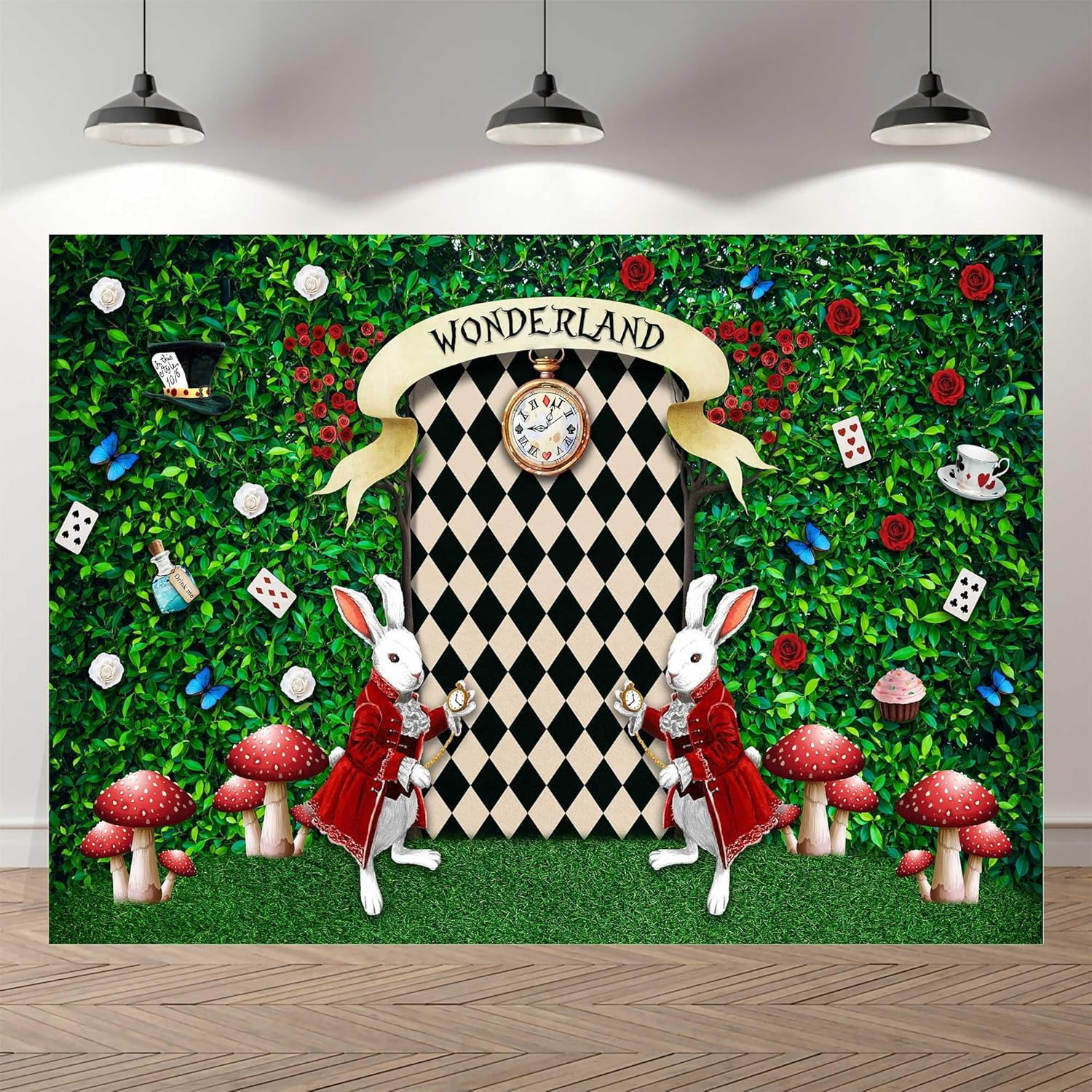 Wonderland Tea Party Backdrop Green Leaves Checkerboard Rabbit ...