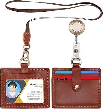 Wonderpool Leather Horizontal Badge Holder with Detachable Neck Lanyard ...
