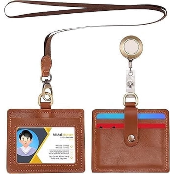 Wonderpool Leather Horizontal Badge Holder with Detachable Neck Lanyard ...