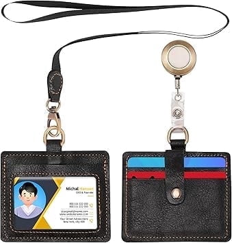 Wonderpool Leather Horizontal Badge Holder with Detachable Neck Lanyard ...