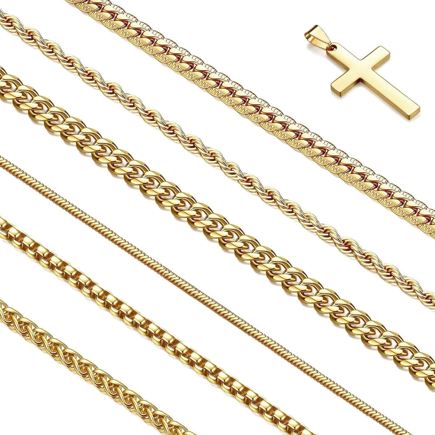 7 Pcs Mens Stainless Steel 18K Gold Plated Chain Necklace Jewelry Set ...